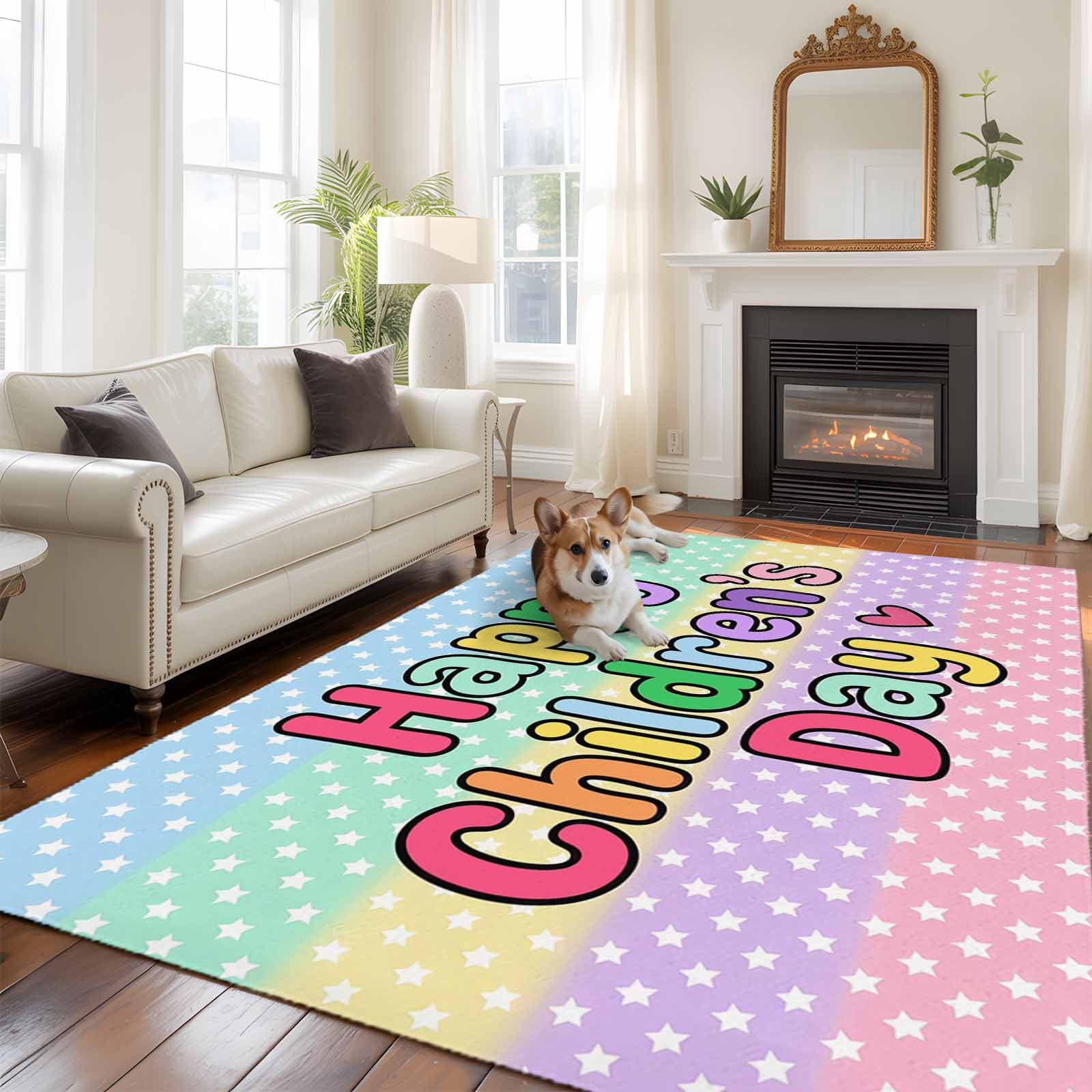 Cartoon Washable Area Rug 5x7 Colorful Stripes Geometric White Star ...