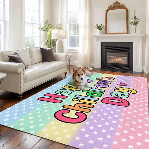 Cartoon Washable Area Rug 5x7 Colorful Stripes Geometric White Star ...