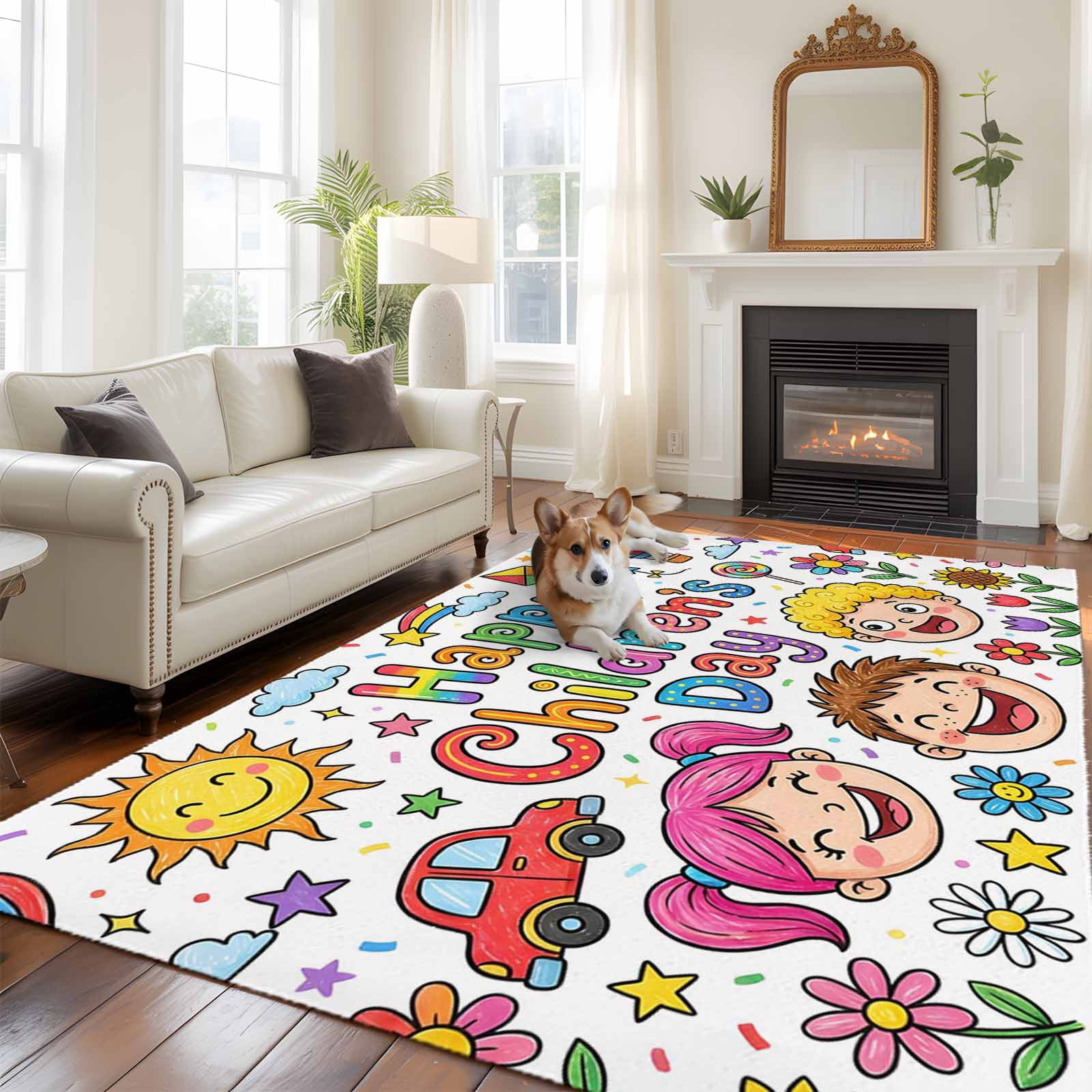 Cartoon Washable Area Rug 5x7 Watercolor Hot Air Balloon Funny Face ...