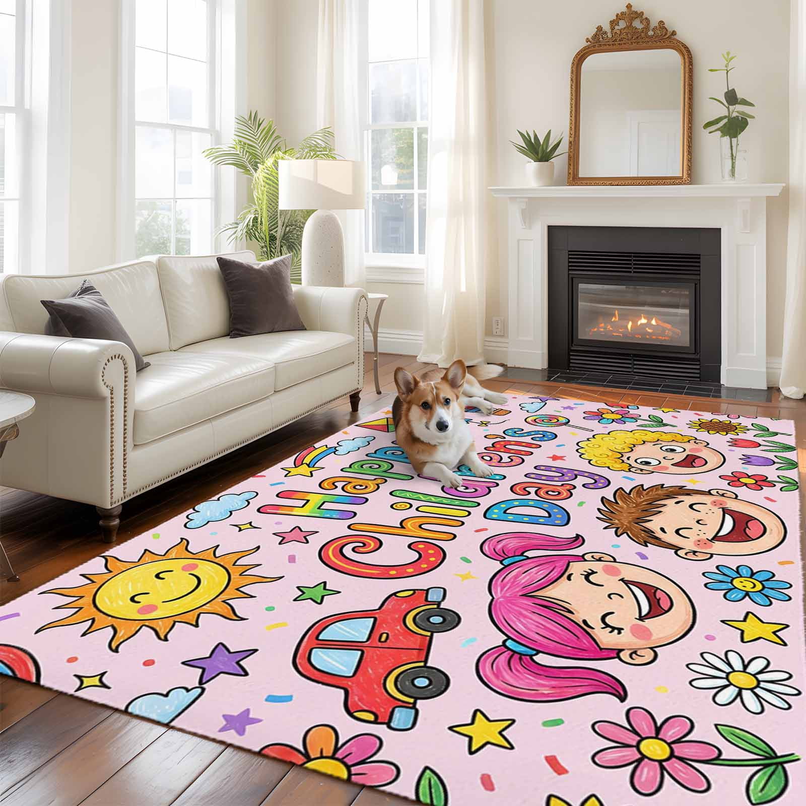 Cartoon Washable Area Rug 5x7 Watercolor Hot Air Balloon Funny Face ...