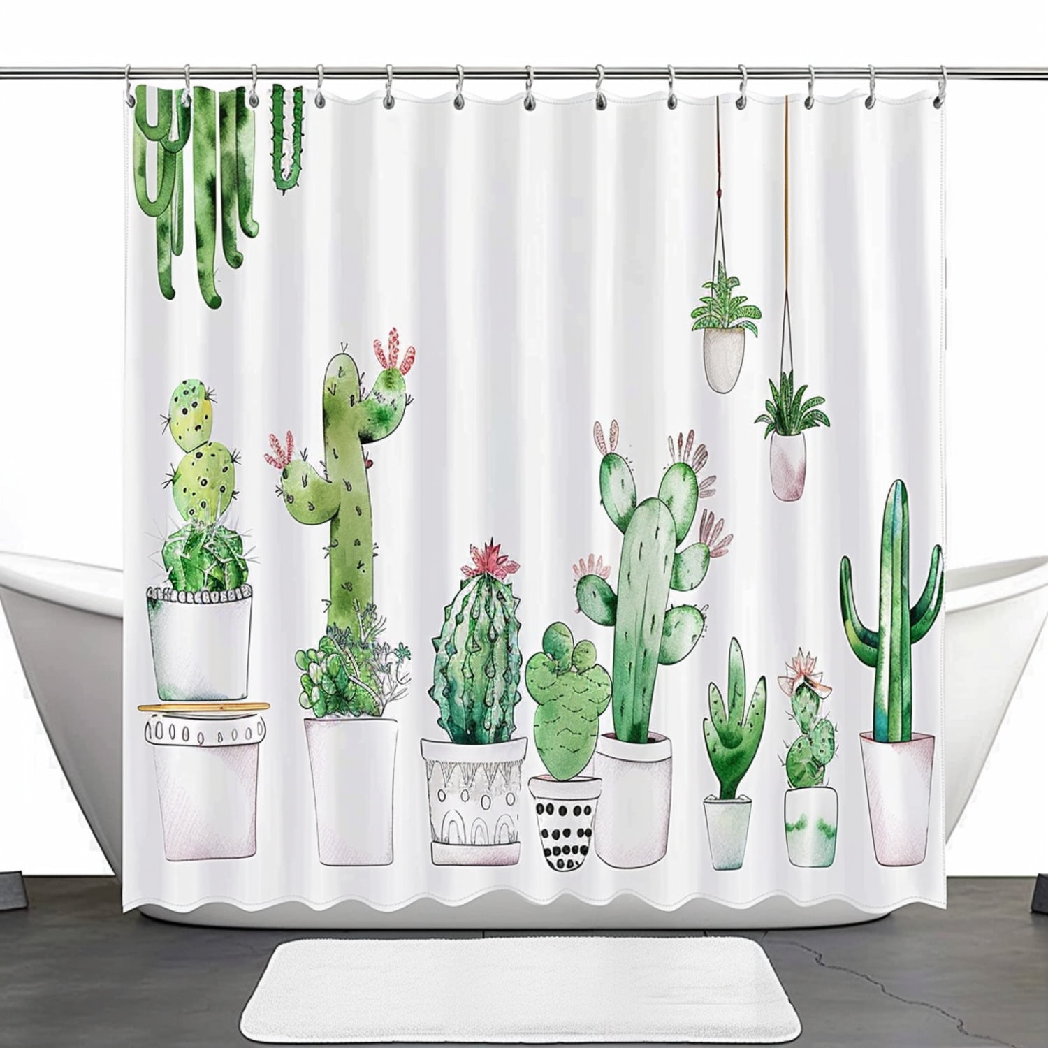 Cartoon Watercolor Cactus And Plant Bathroom Set Shower Curtain White