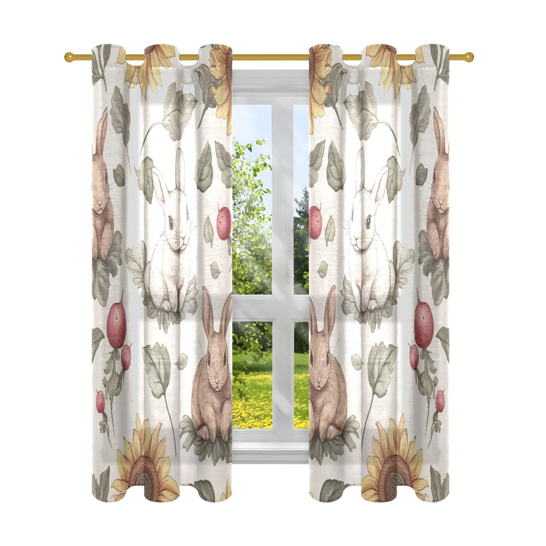 Cartoon Watercolor Rabbits Semi Sheer Curtains for Living Room Bedroom ...