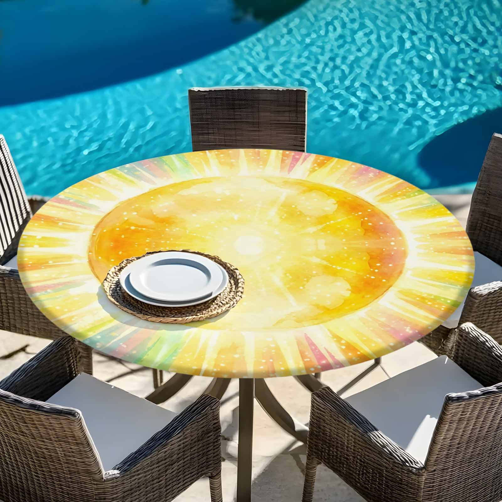 Cartoon Watercolor Sun Colorful Round Fitted Tablecloth with Elastic ...