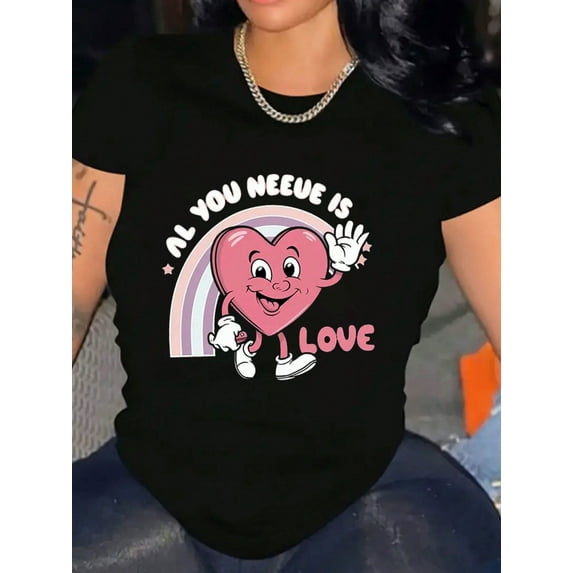 Cartoon Waving Heart Rainbow Valentine's Day Women's Casual Short ...