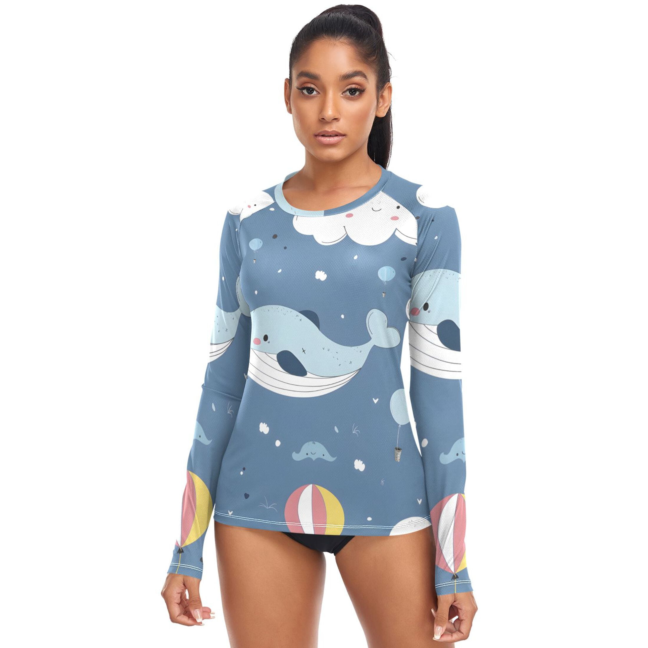 Cartoon Whales Cute Clouds Balloons Women's Rash Guard Shirts UPF 50 ...
