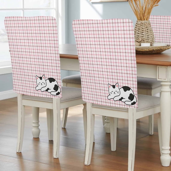 Cartoon White Black Cute Kitty Chair Covers Set of 6 Pink White Plaid ...