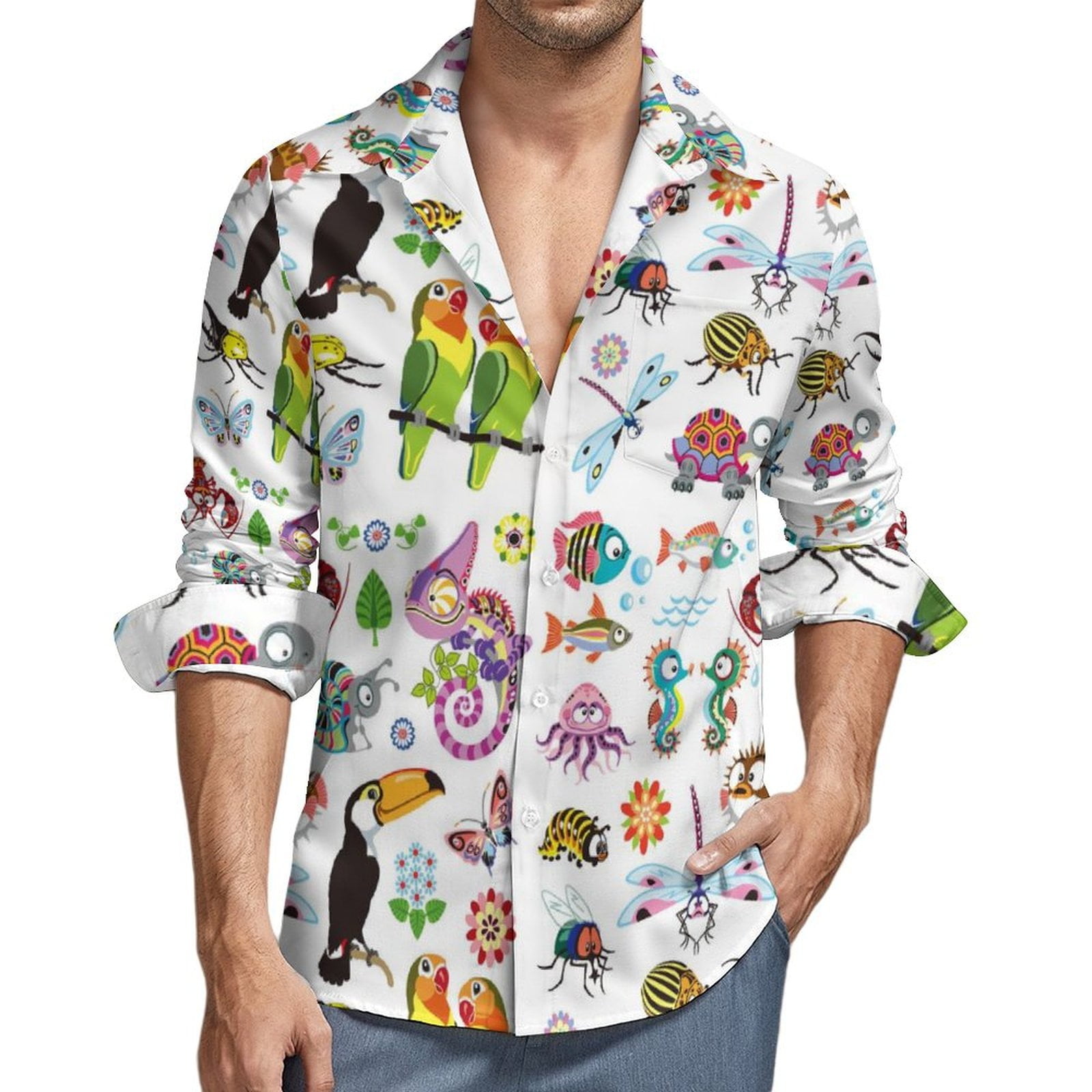 Cartoon Wild Animals Mens Long Sleeve Button Down Shirts, Casual Men's ...