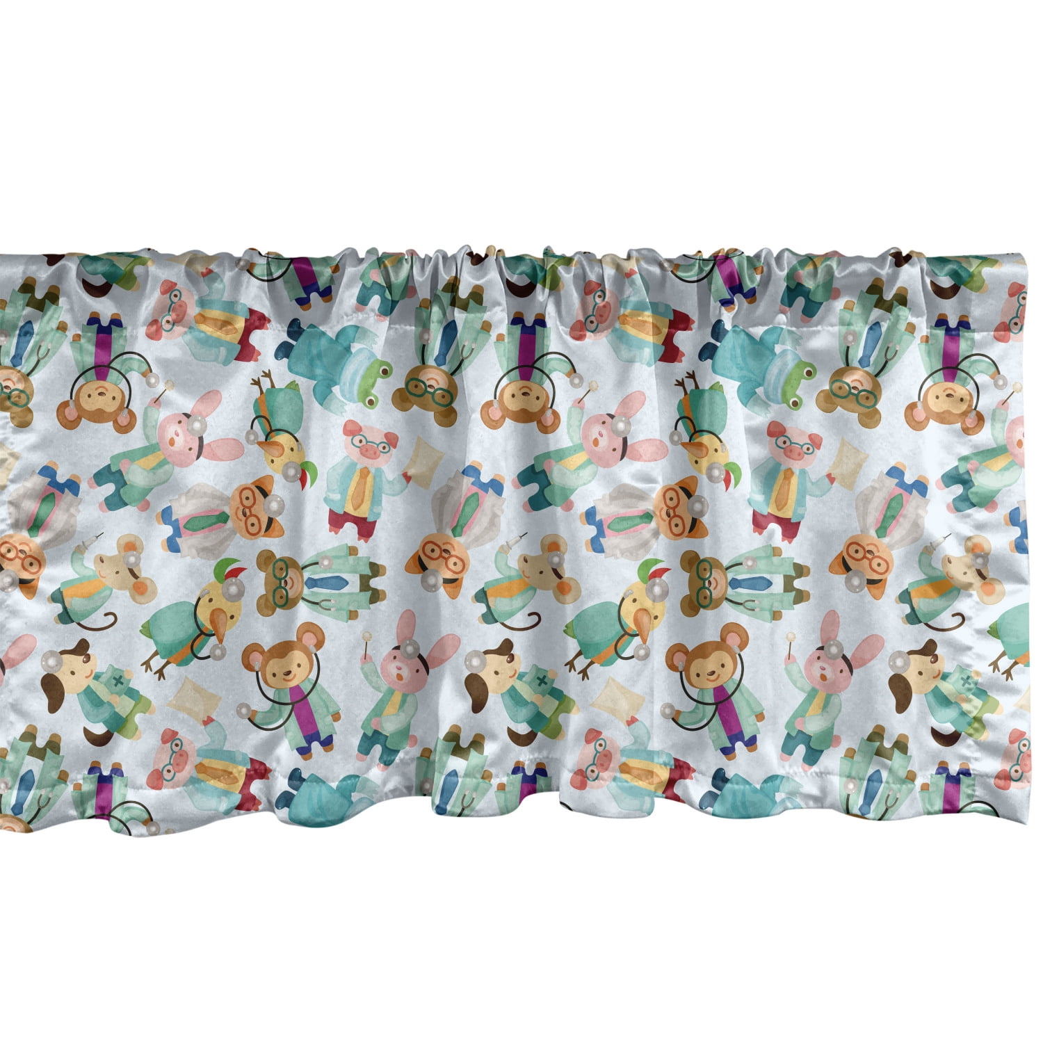 Ambesonne Cartoon Valance Pack of 2, Funny Animal Doctors Art, 54"X18 ...