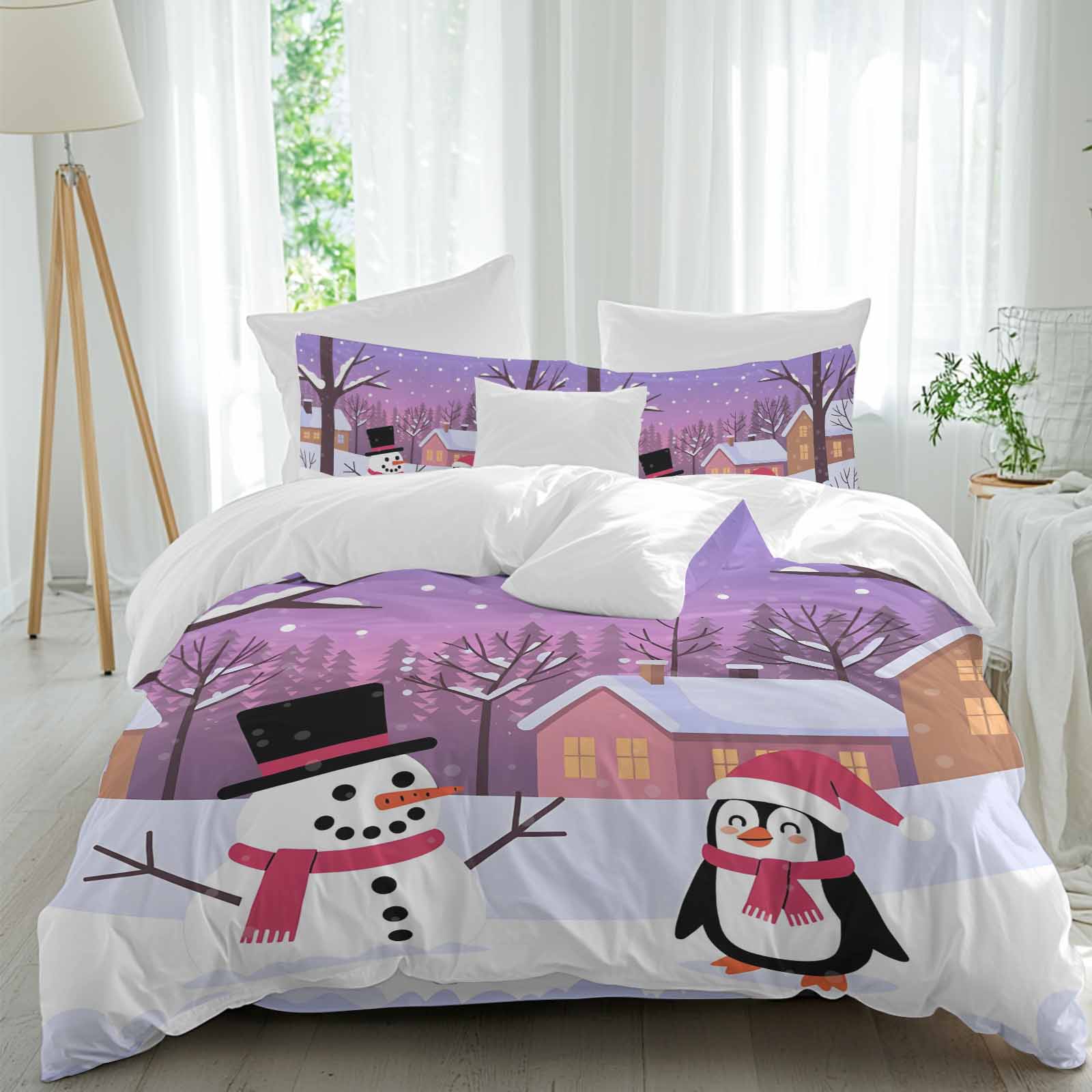 Cartoon Winter Snowman Duvet Cover Set Full Size, Christmas Snowflakes ...