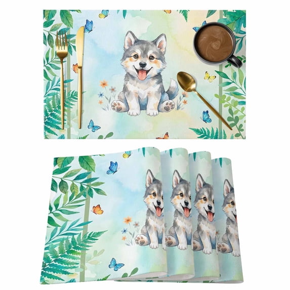 Cartoon Wolf Placemats Set of 12 Summer Butterfly Flowers Tropical Palm ...