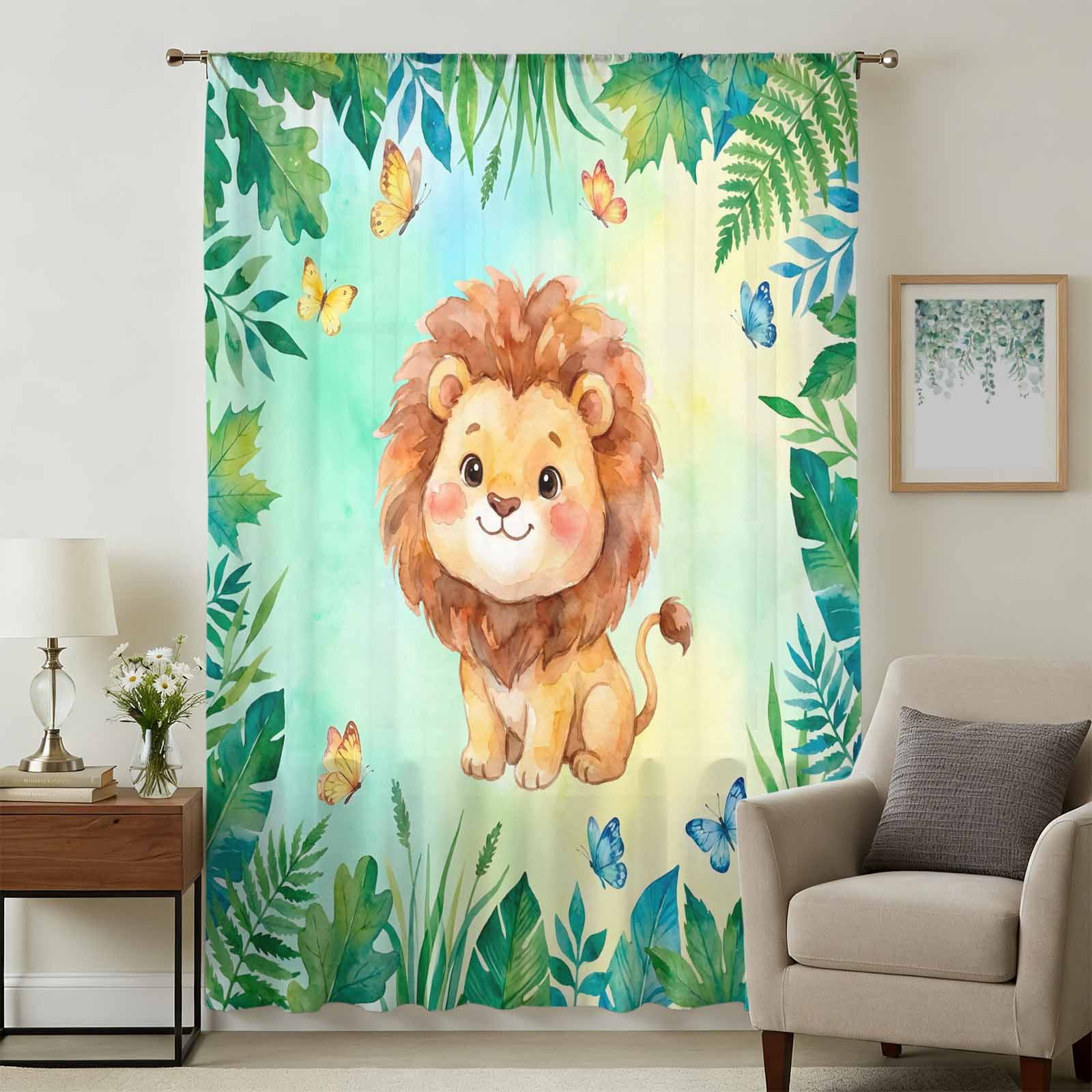 Cartoon Wolf Sheer Curtains 63 Inches Long, Summer Butterfly Fern ...