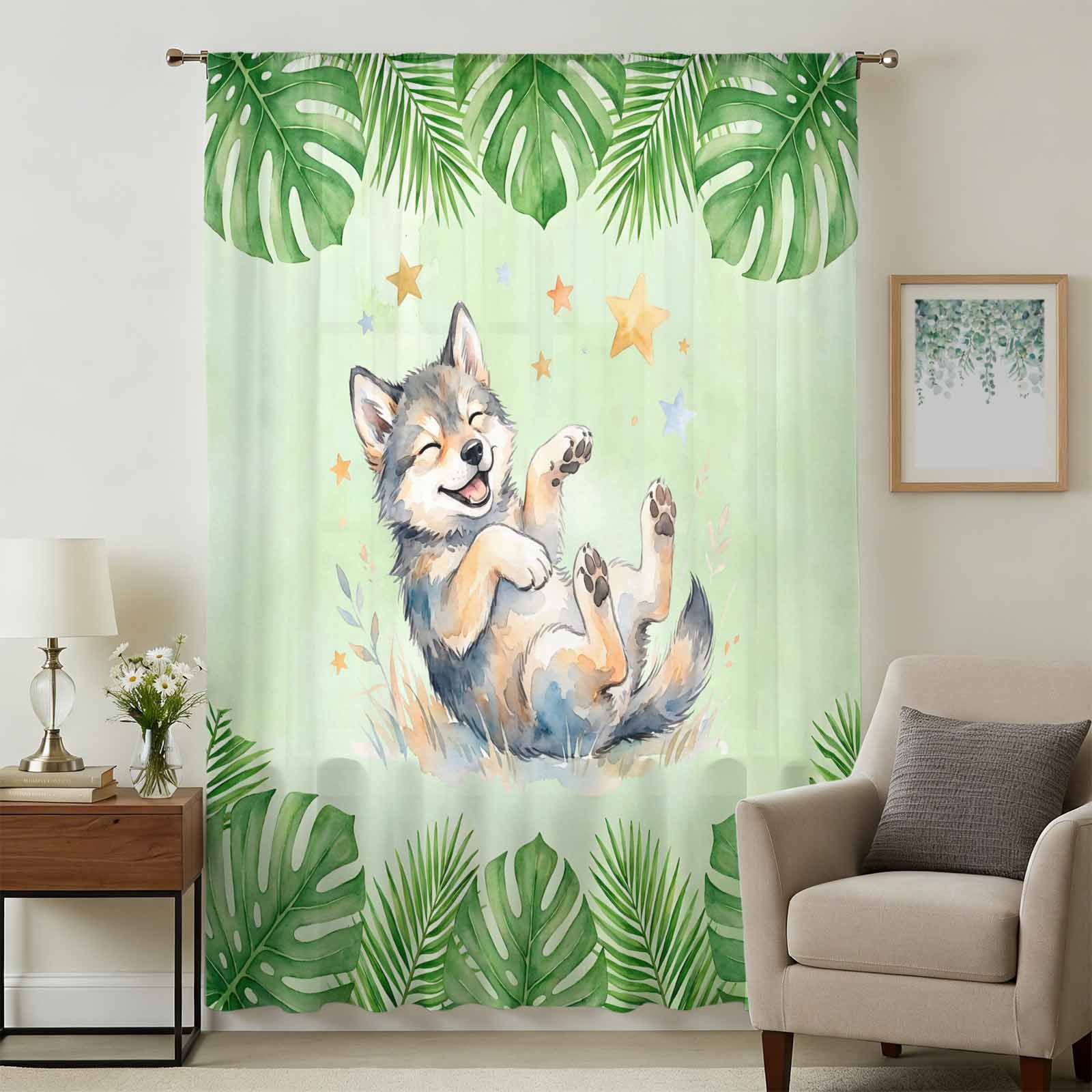 Cartoon Wolf Sheer Curtains 72 Inches Long, Summer Tropical Palm Green ...