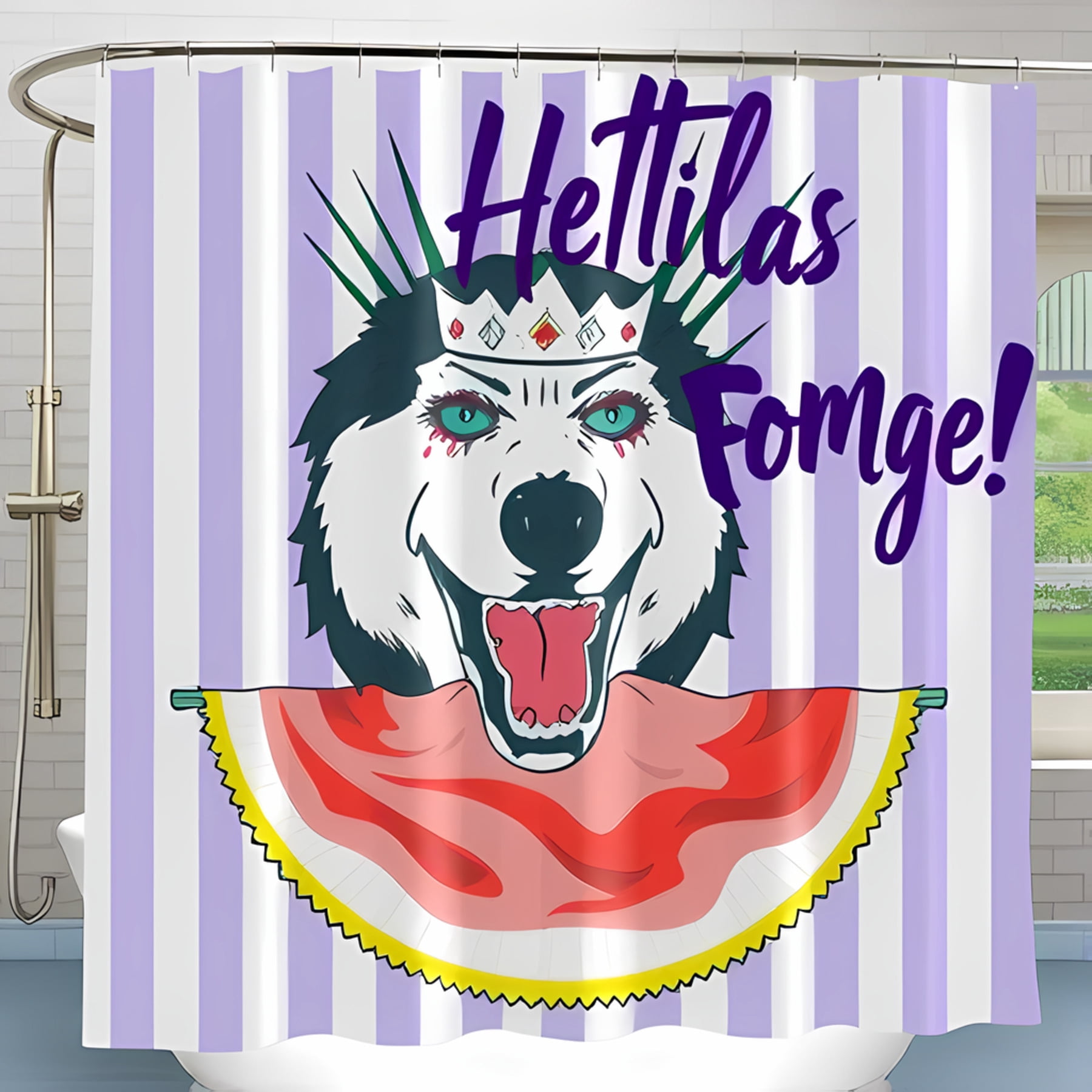 Cartoon Wolf Shower Curtain - Wolf with Crown Blue Eyes Purple Striped ...
