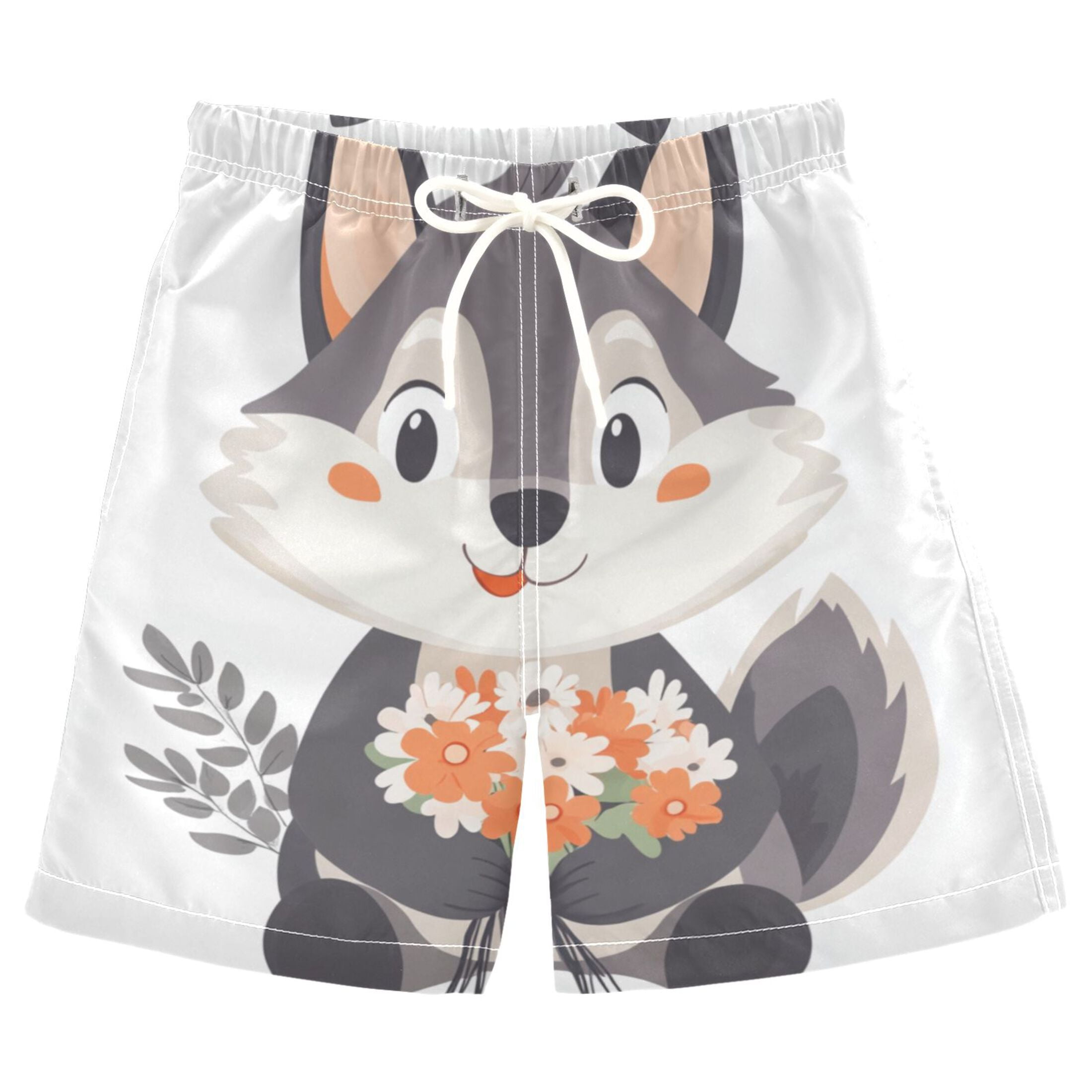 Cartoon Wolf with Florals Boys' Beach Pants Board Shorts Swim Trunks ...