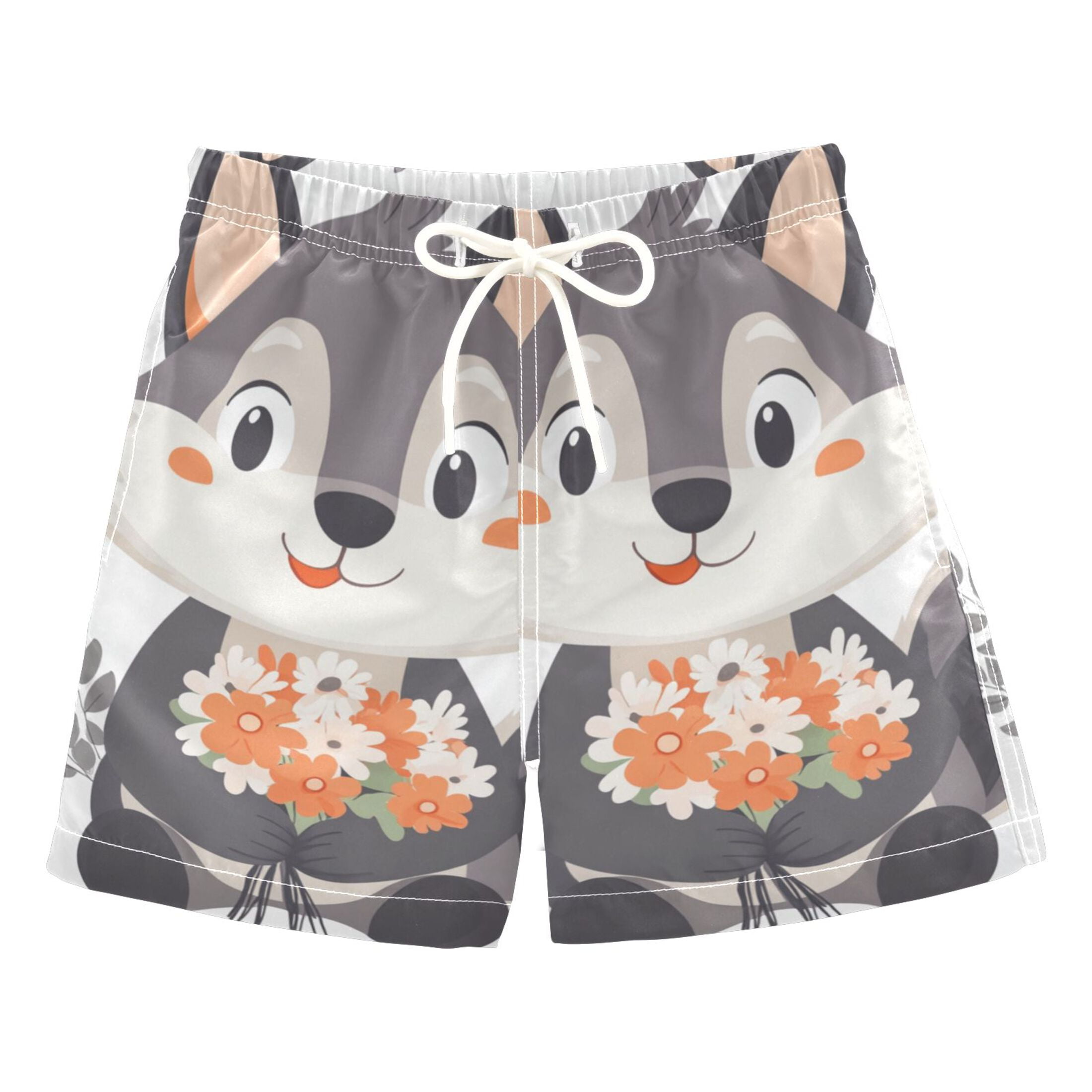 Cartoon Wolf with Florals Boys' Swim Trunks Board Shorts Beach Pants ...