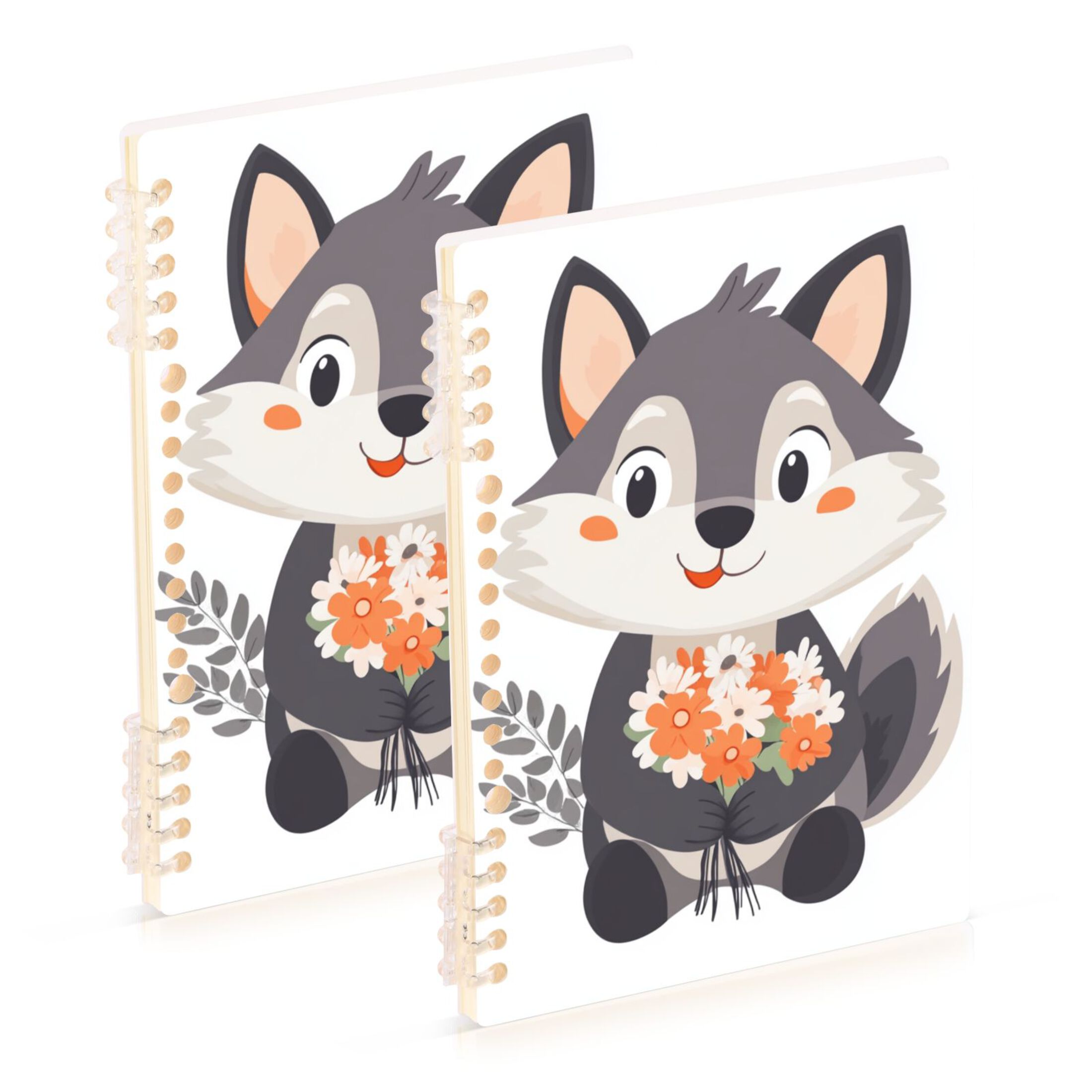 Cartoon Wolf with Florals Notebook Detachable Coil Notebook Diary A5 ...