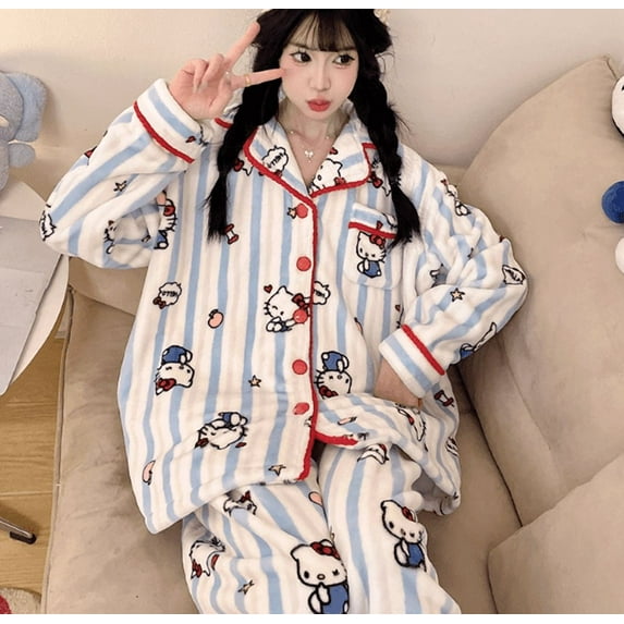 Cartoon Women Anime Hello Kitty Autumn Winter Thickened Nightgown Cute ...