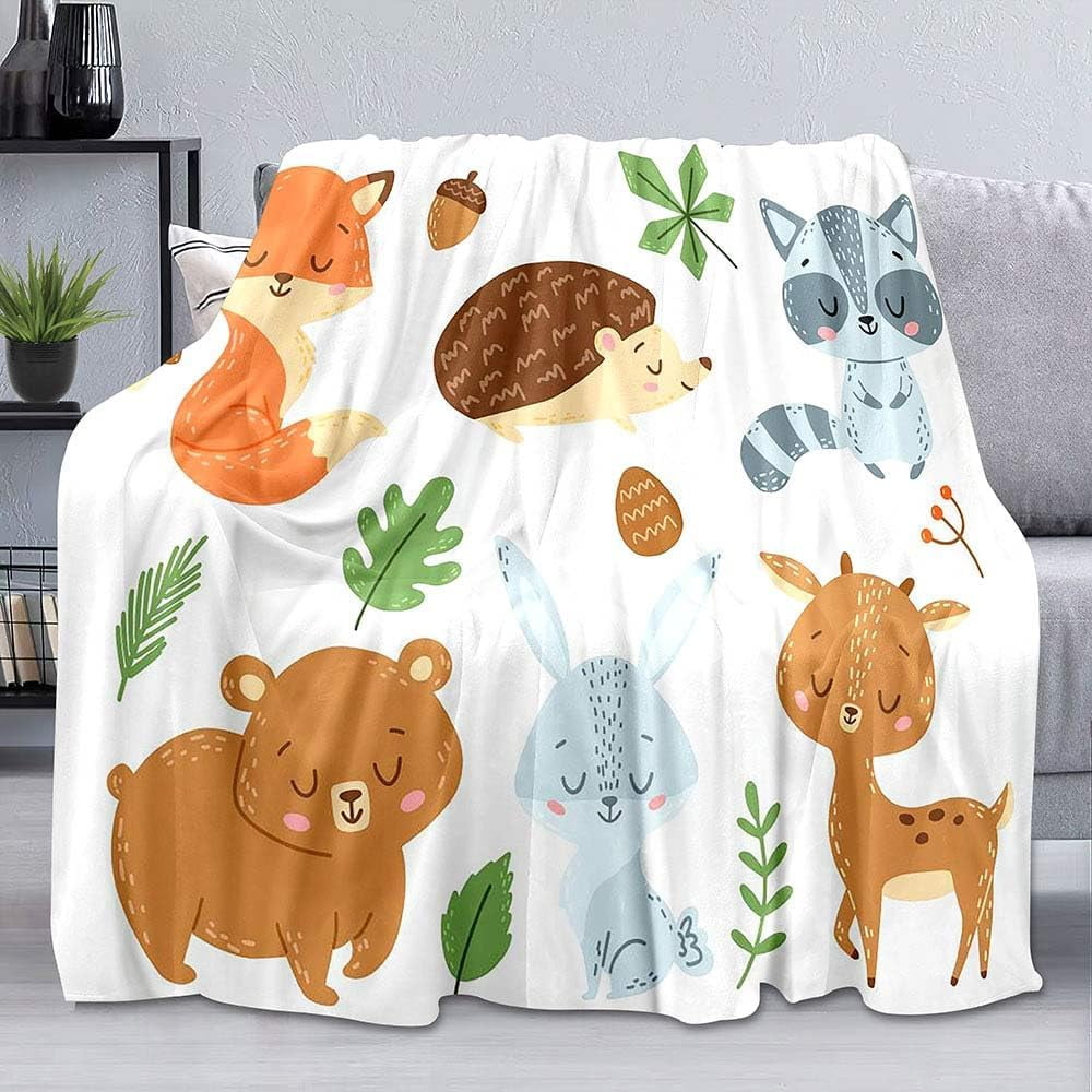 Cartoon Woodland Animals Throw Blanket, Bear Deer Fox Rabbit Raccoon ...