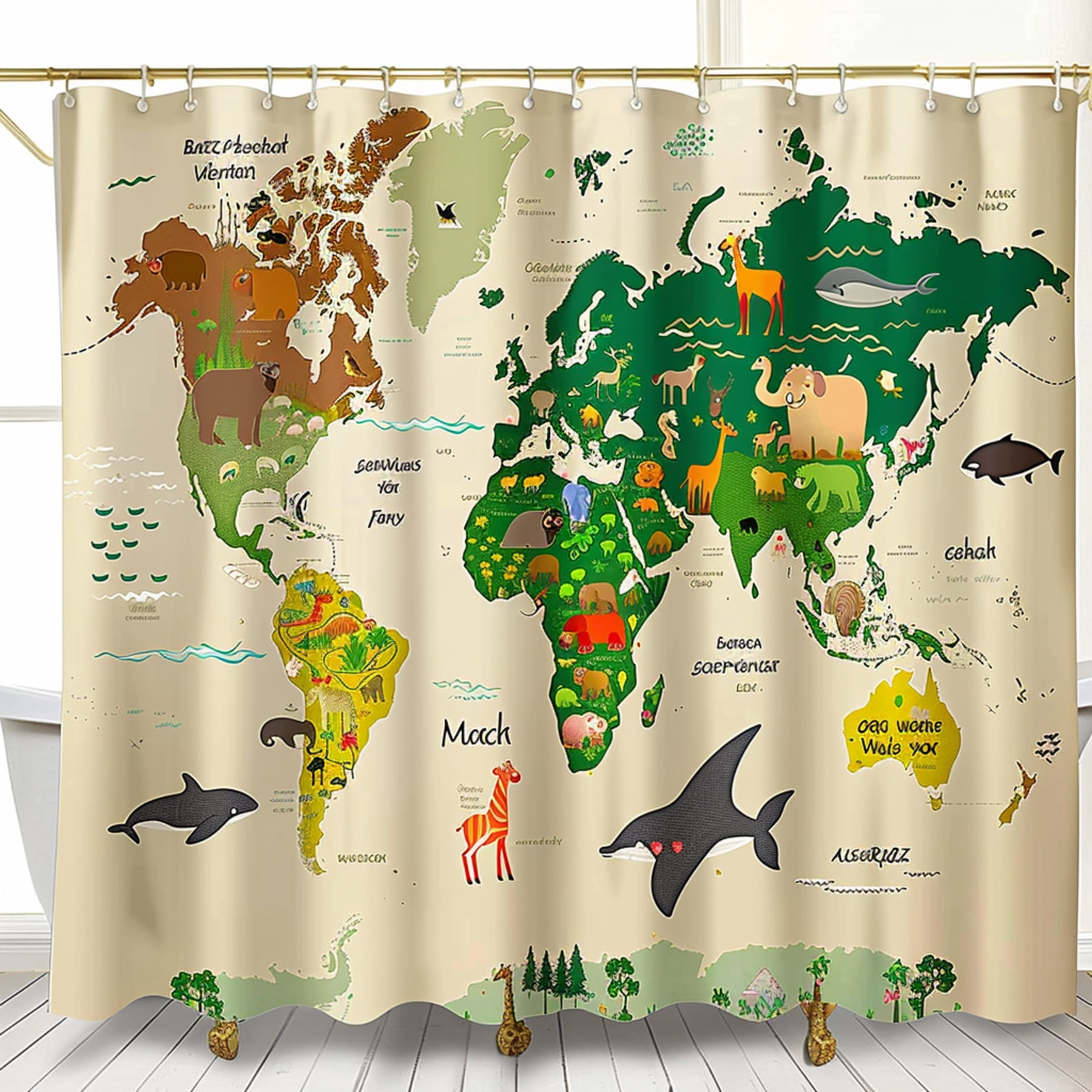 Cartoon World Map Animals & Geology Kids Bathroom Curtain Beige ...