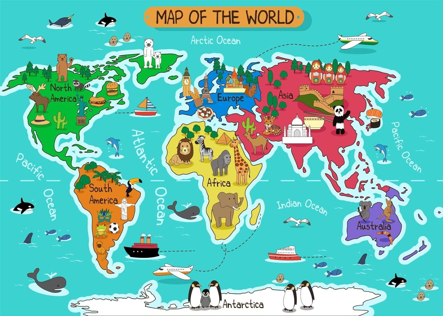 Cartoon World Map Backdrop Cartoon Continents Animals Landmark Map ...