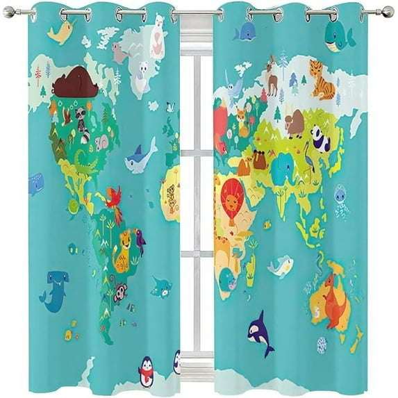 Cartoon World Map Blackout Curtains, Educational Map For Children 3D ...