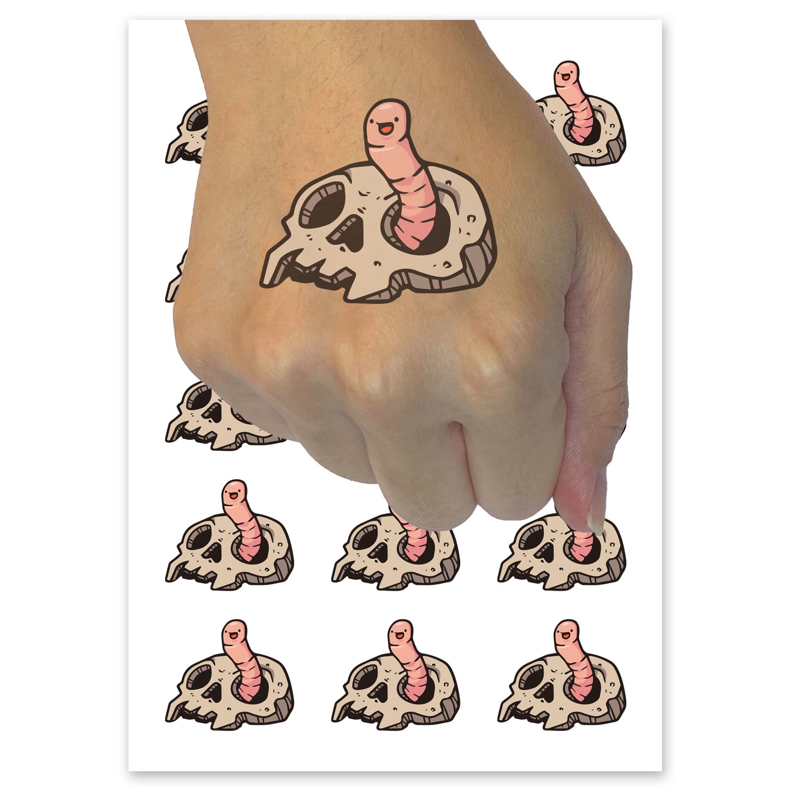 Cartoon Worm Sticking Out of Skull Bone Temporary Tattoo Water ...