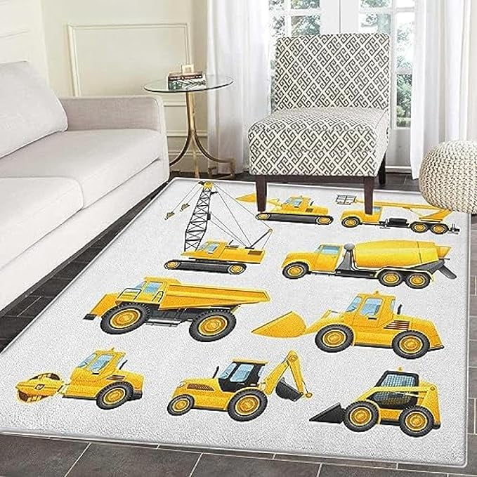 Cartoon Yellow Construction Vehicle Print Rug, Excavator Pattern Kids ...
