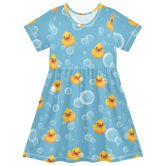 Cartoon Yellow Duck Short Sleeve Dress A-Line Cute Midi Casual Sundress ...