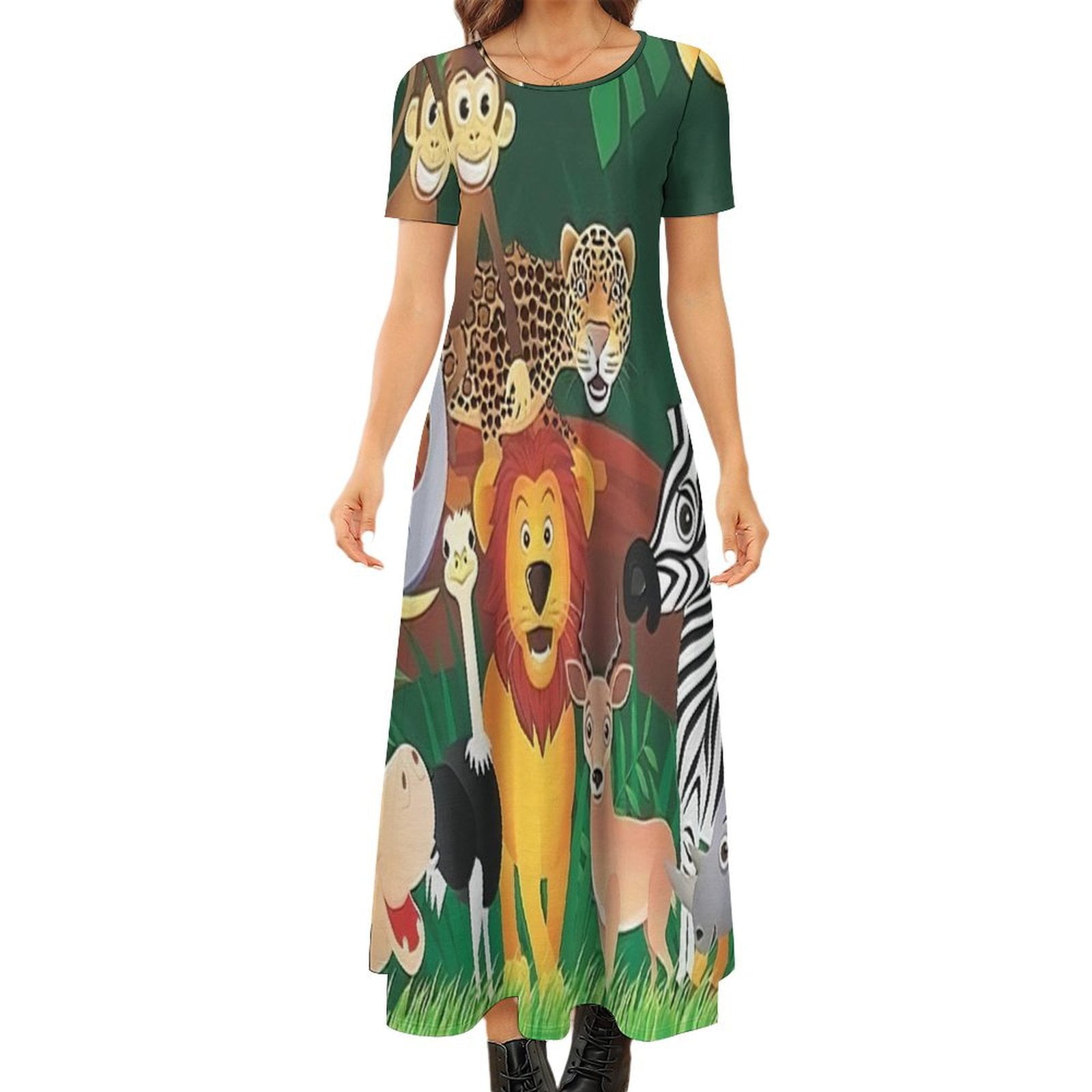 Cartoon Zoo Maxi Dress for Women Crew Neck Beach Dress Short Sleeve ...