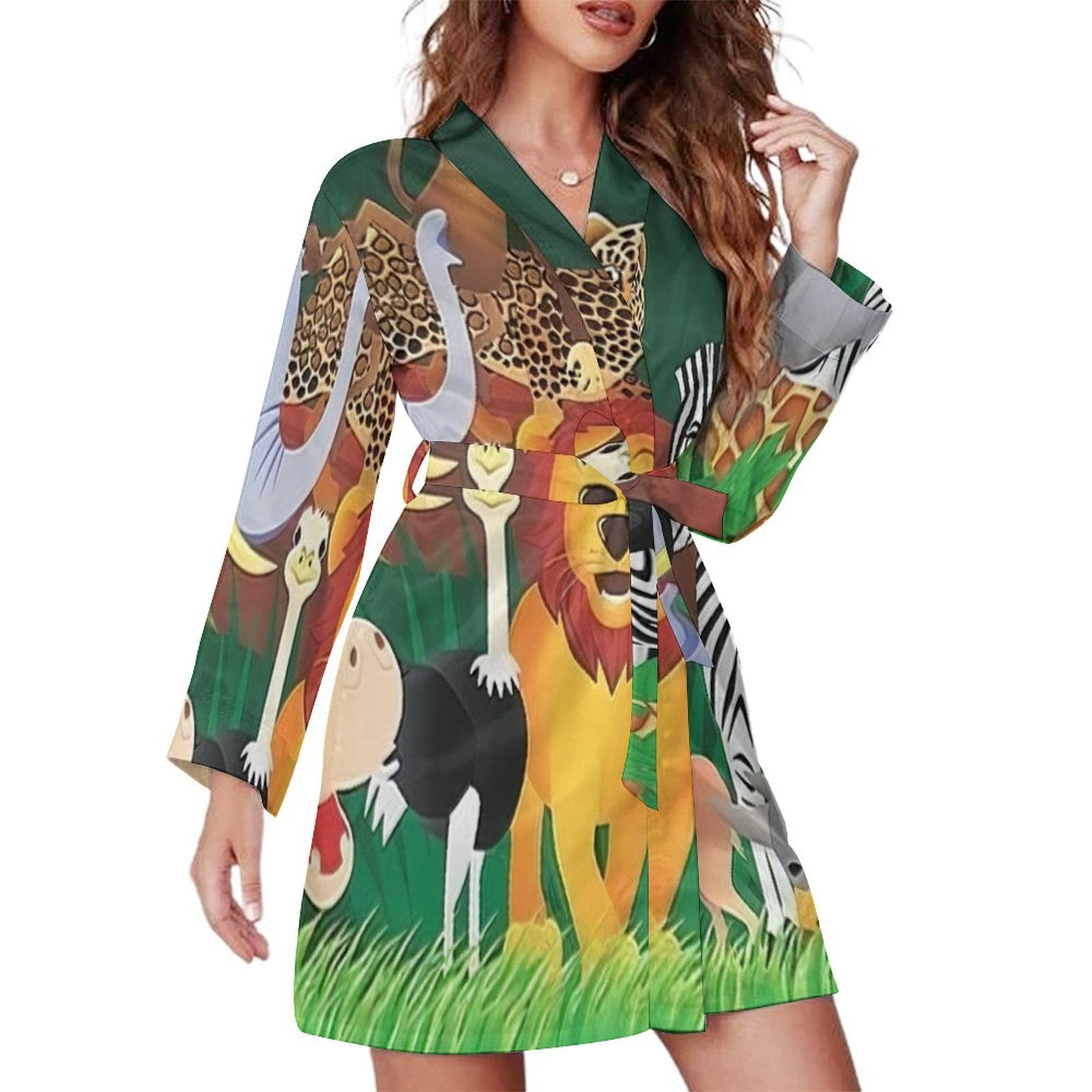 Cartoon Zoo Night Robe Long Sleeve V Neck Robe With Belt Women's ...