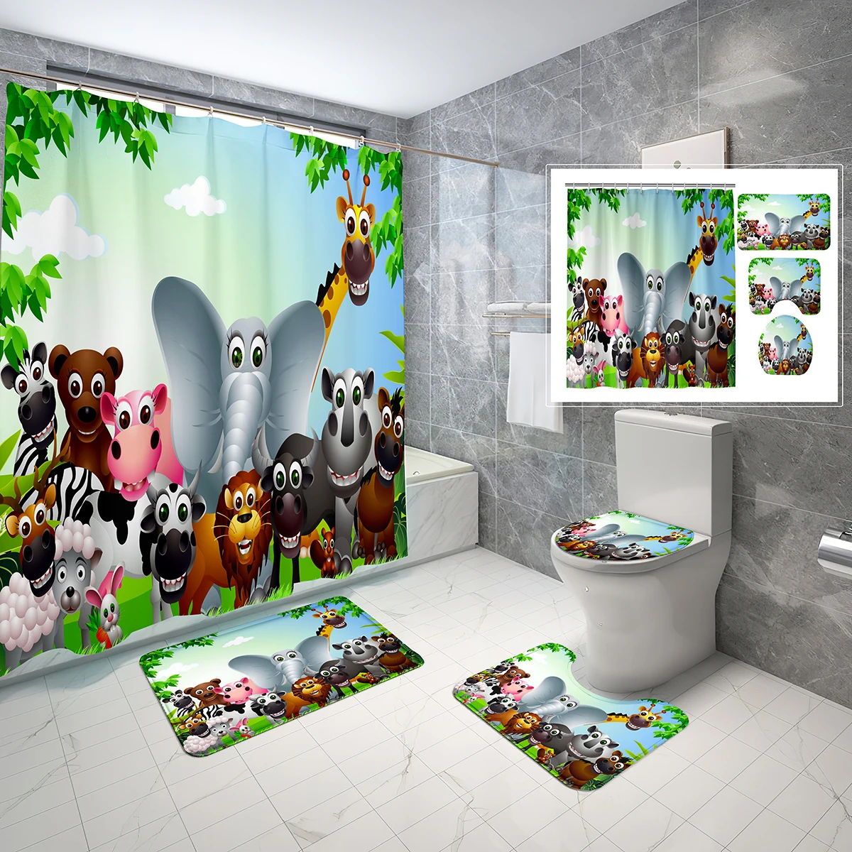 Cartoon Zoo Shower Curtain Sets 4 Pcs with Toilet Lid Cover and Bath ...