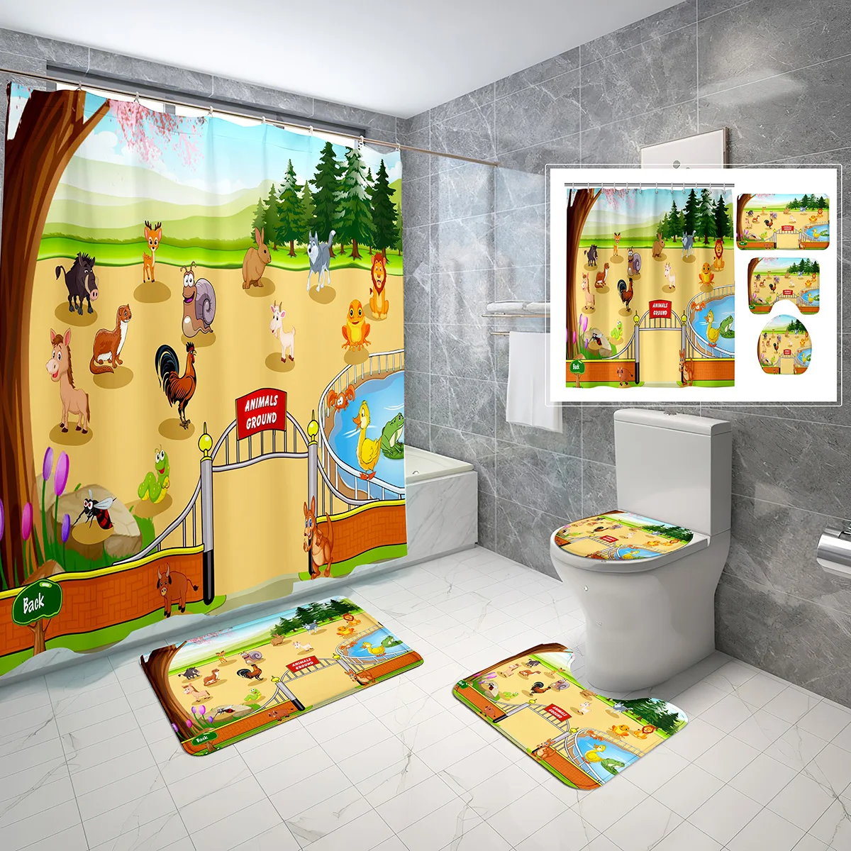 Cartoon Zoo Shower Curtain Sets 4 Pcs with Toilet Lid Cover and Bath ...