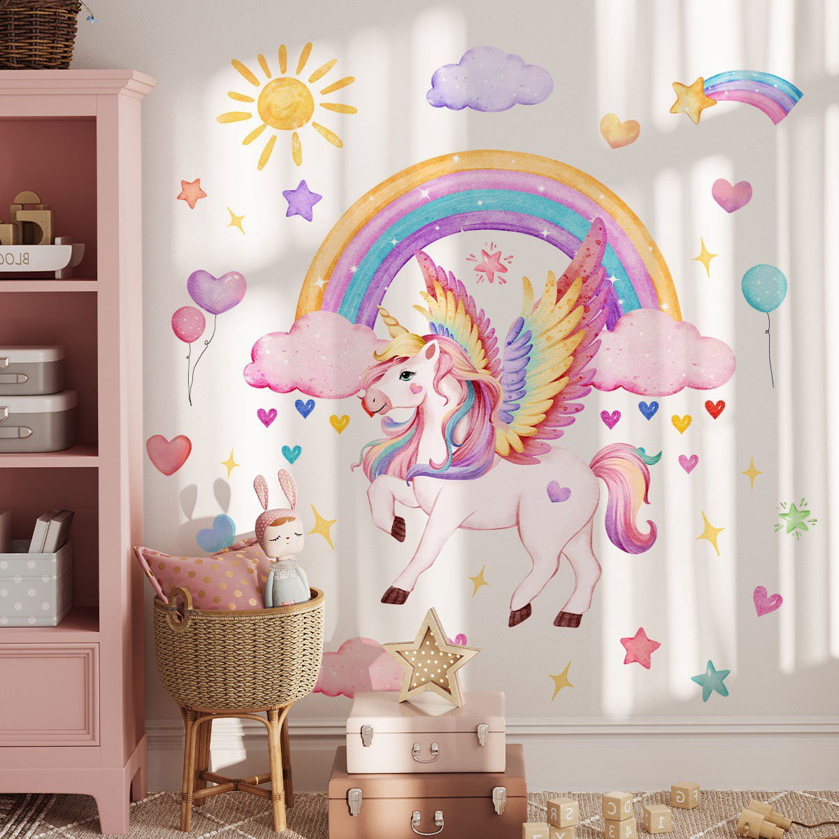 Cartoon animal decals, rainbow and unicorn decals, clouds, the sun ...