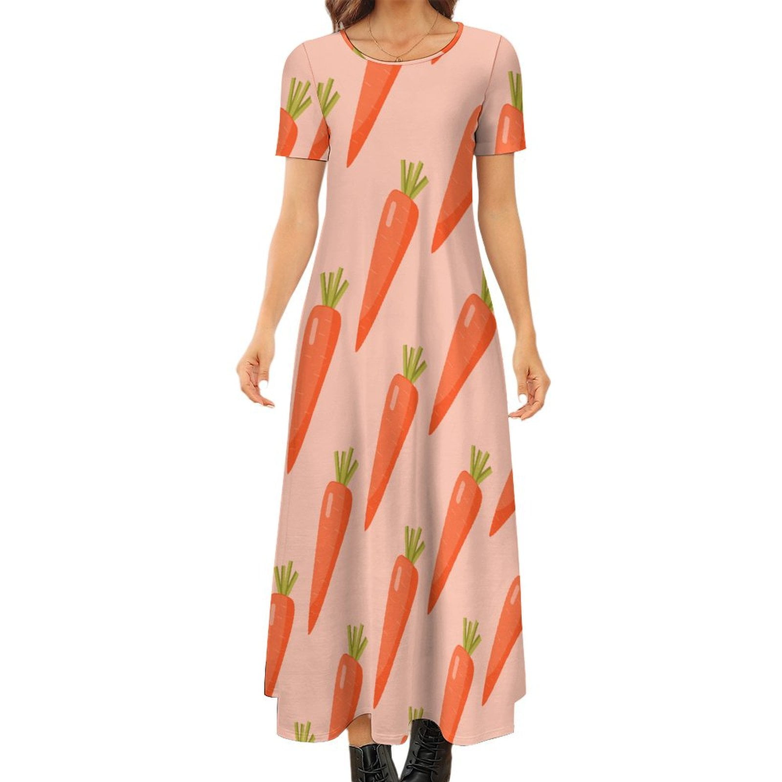Cartoon-carrots Maxi Dress for Women Crew Neck Beach Dress Short Sleeve ...