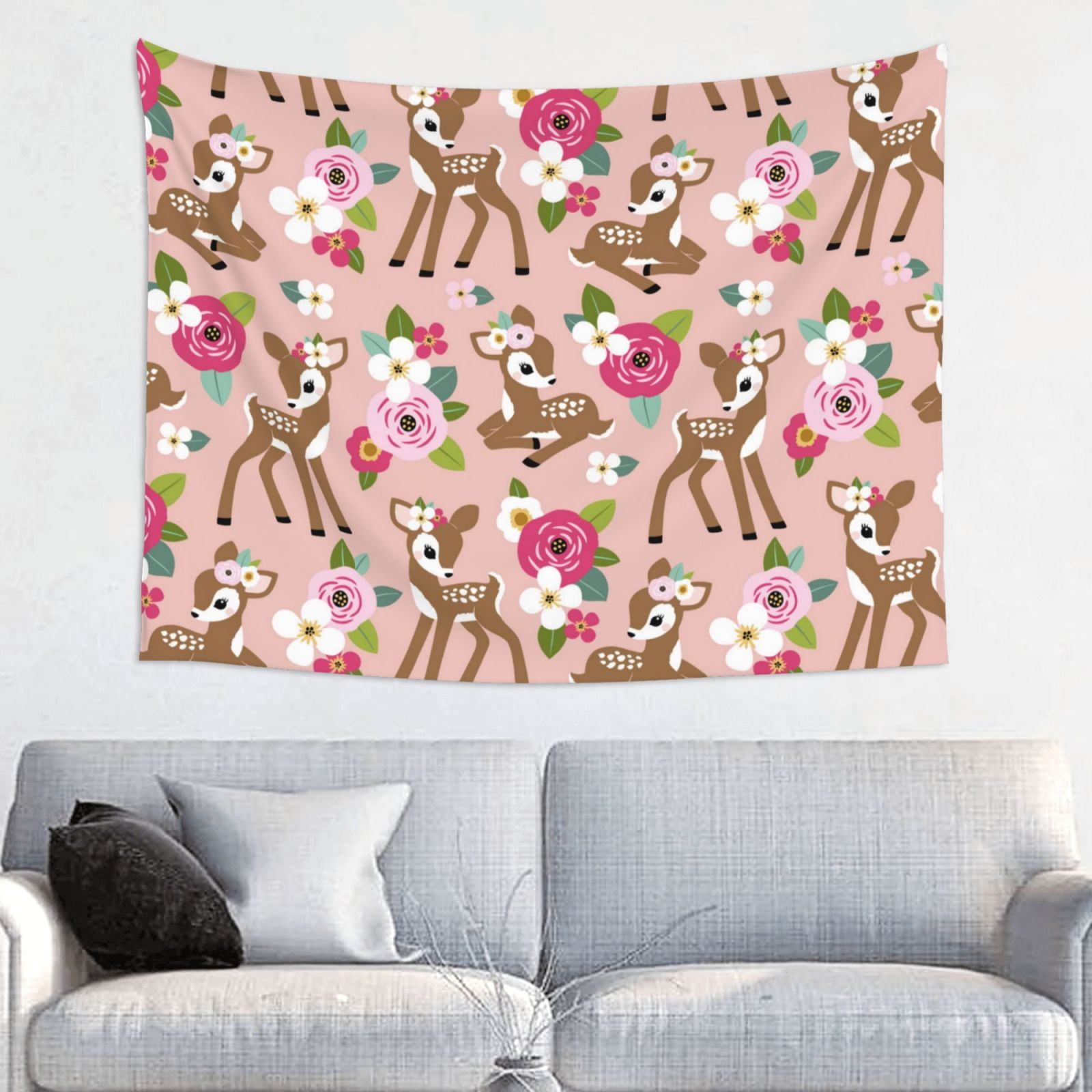 Cartoon cute deer flower pink Tapestry for Bedroom - Tapestry Wall ...
