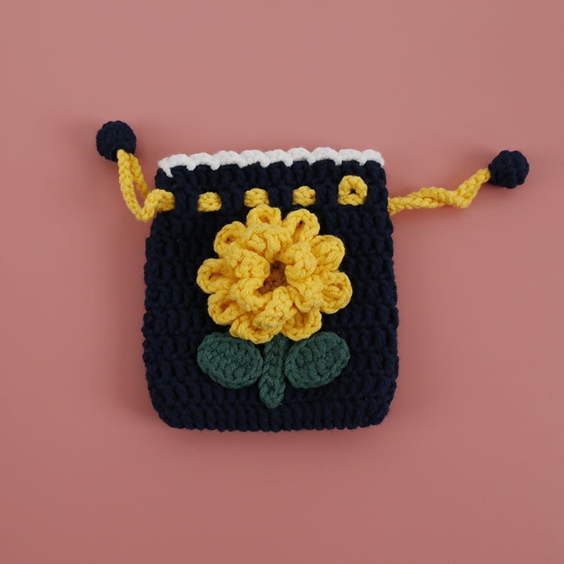 Cartoon hand-woven drawstring bag, woven five-strand yarn crochet coin ...