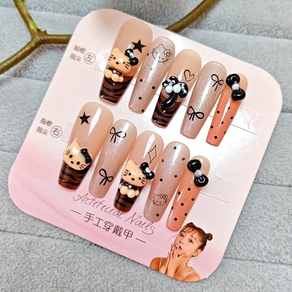 Cartoon kitty cat cute manicure, leopard print French bow fake nails 10 ...