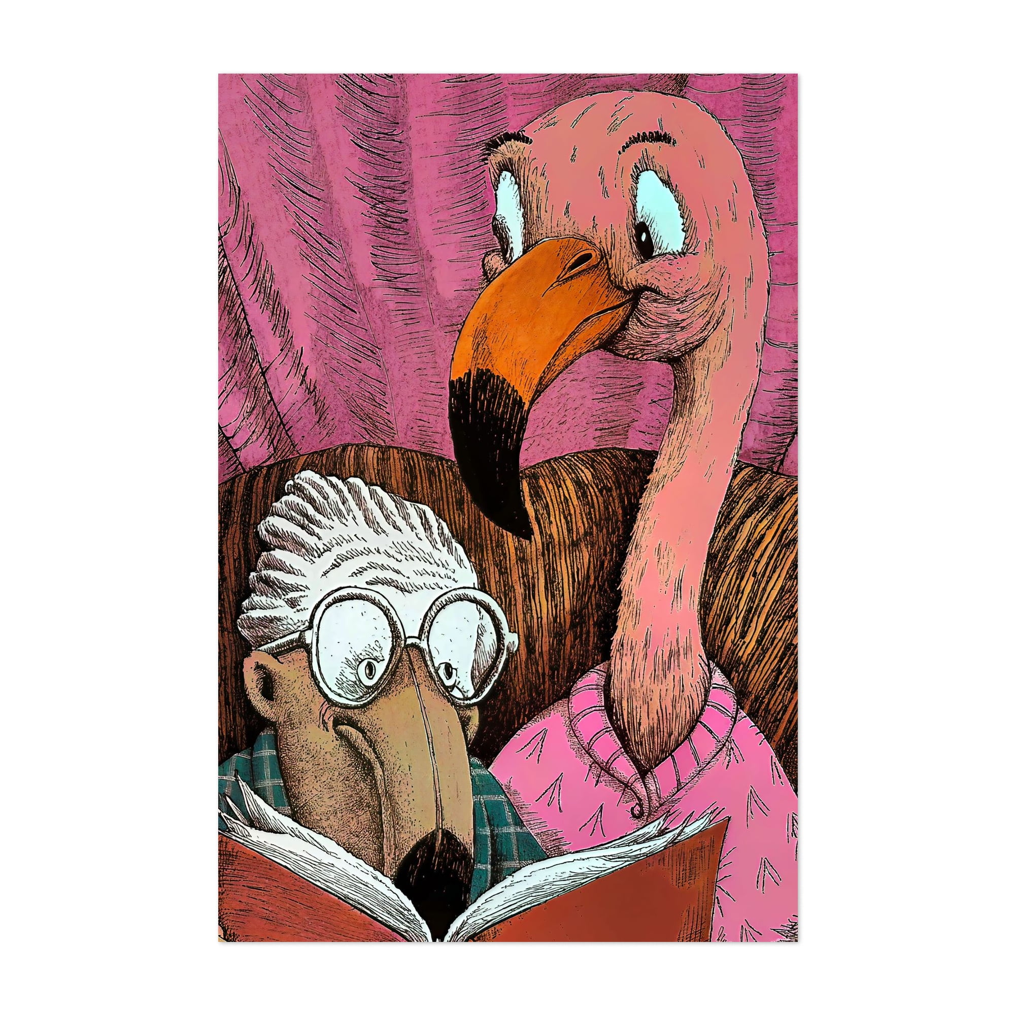 Cartoon of an old flamingo reading a book - Illustration Flamingo Humor ...
