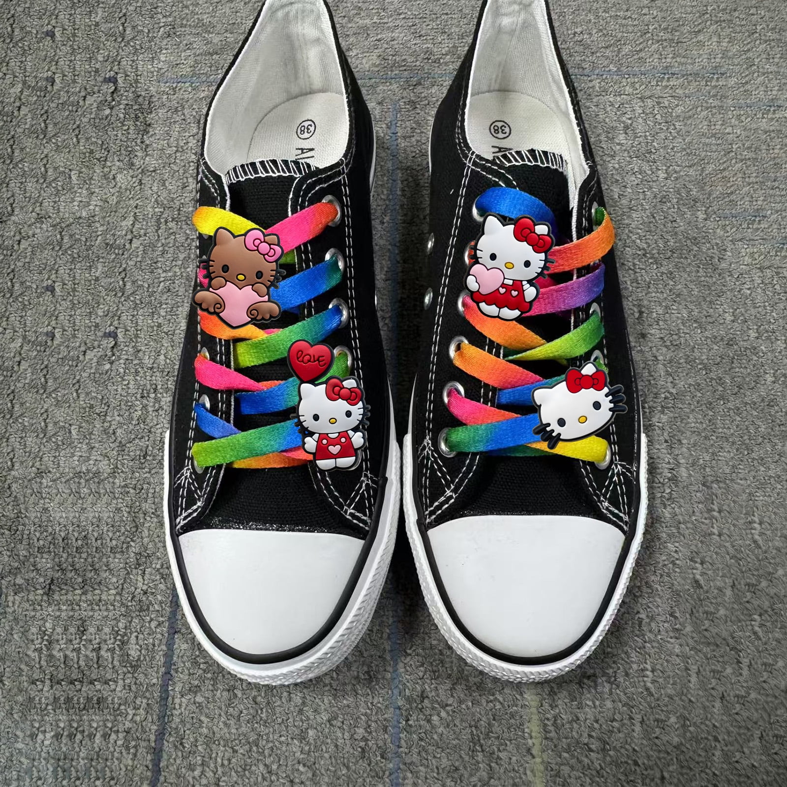 Cartoon rainbow color shoelaces black canvas sneakers, fashionable ...