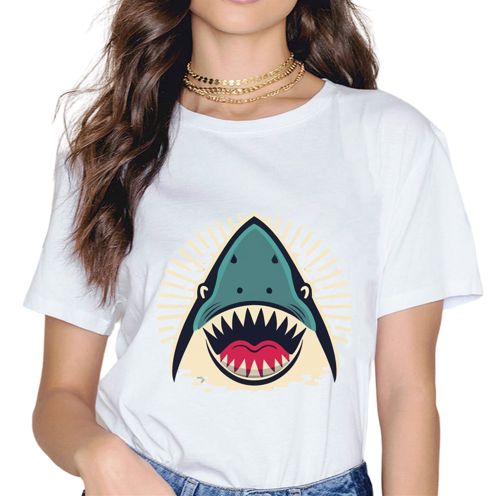 Cartoon shark roar print crew neck white t-shirt. - Walmart.com