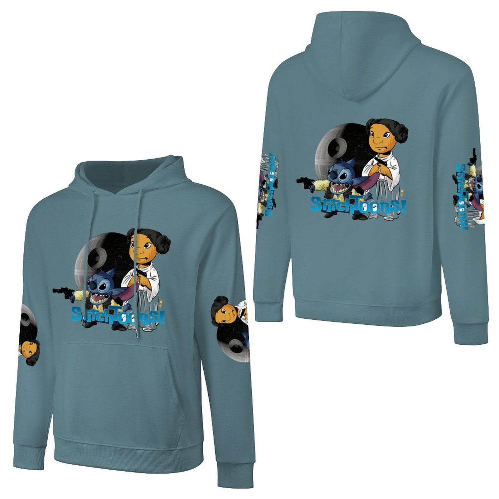 Cartoon unisex hoodie, cartoon printed sleeves printed on the back of ...