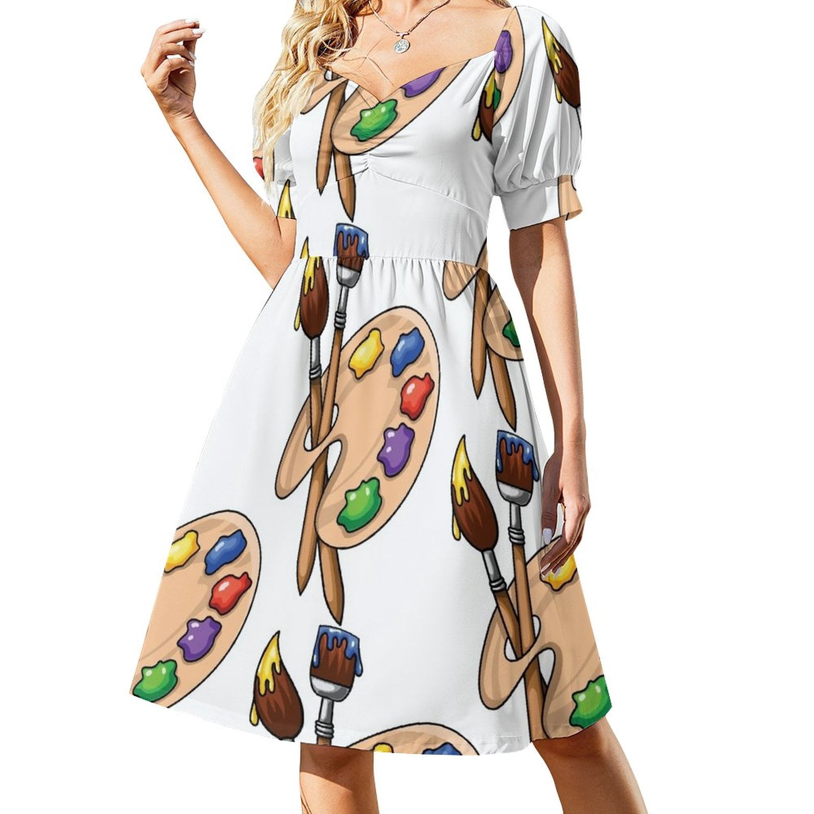 Cartoon wooden art Palette with paints and two brushes Dress elegant ...