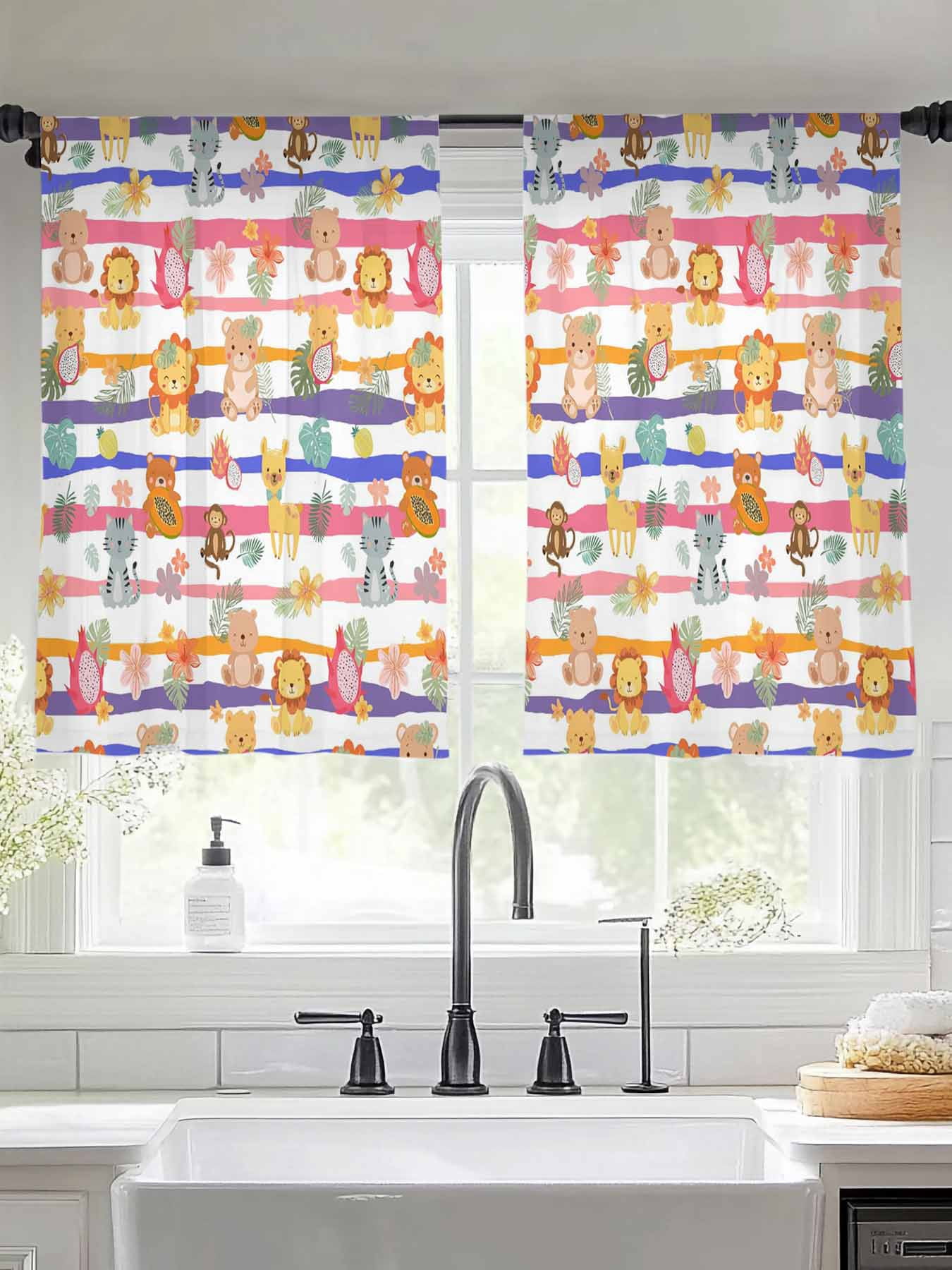 Cartoons Animal Prints Lions Camels Chiffon Sheer Curtains 45 Inches ...