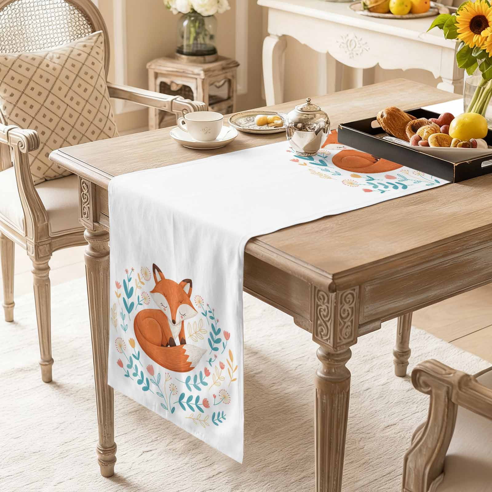 Cartoons Animals Foxes Table Runner 13x90in Non-Slip Cotton Linen Table ...