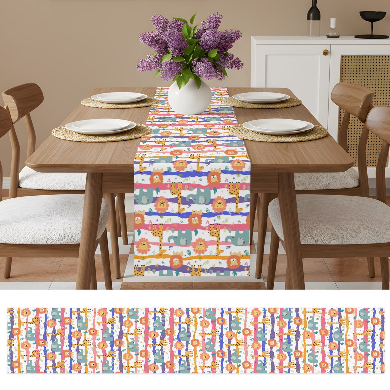 Cartoons Animals Giraffes Elephant Table Runner 13x60in Non-Slip Cotton ...
