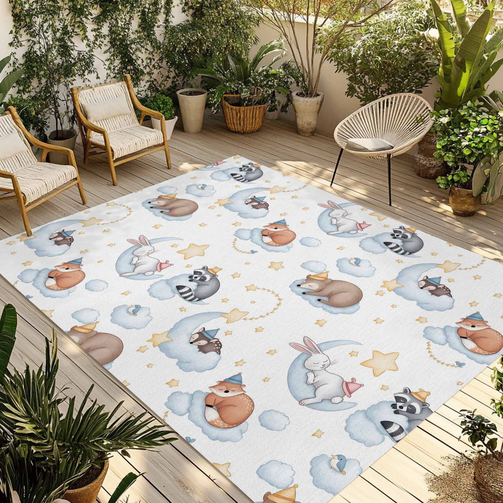 Cartoons Animals Outdoor Rug 3x5 ft Watercolor Fox Sleeping Raccoons ...
