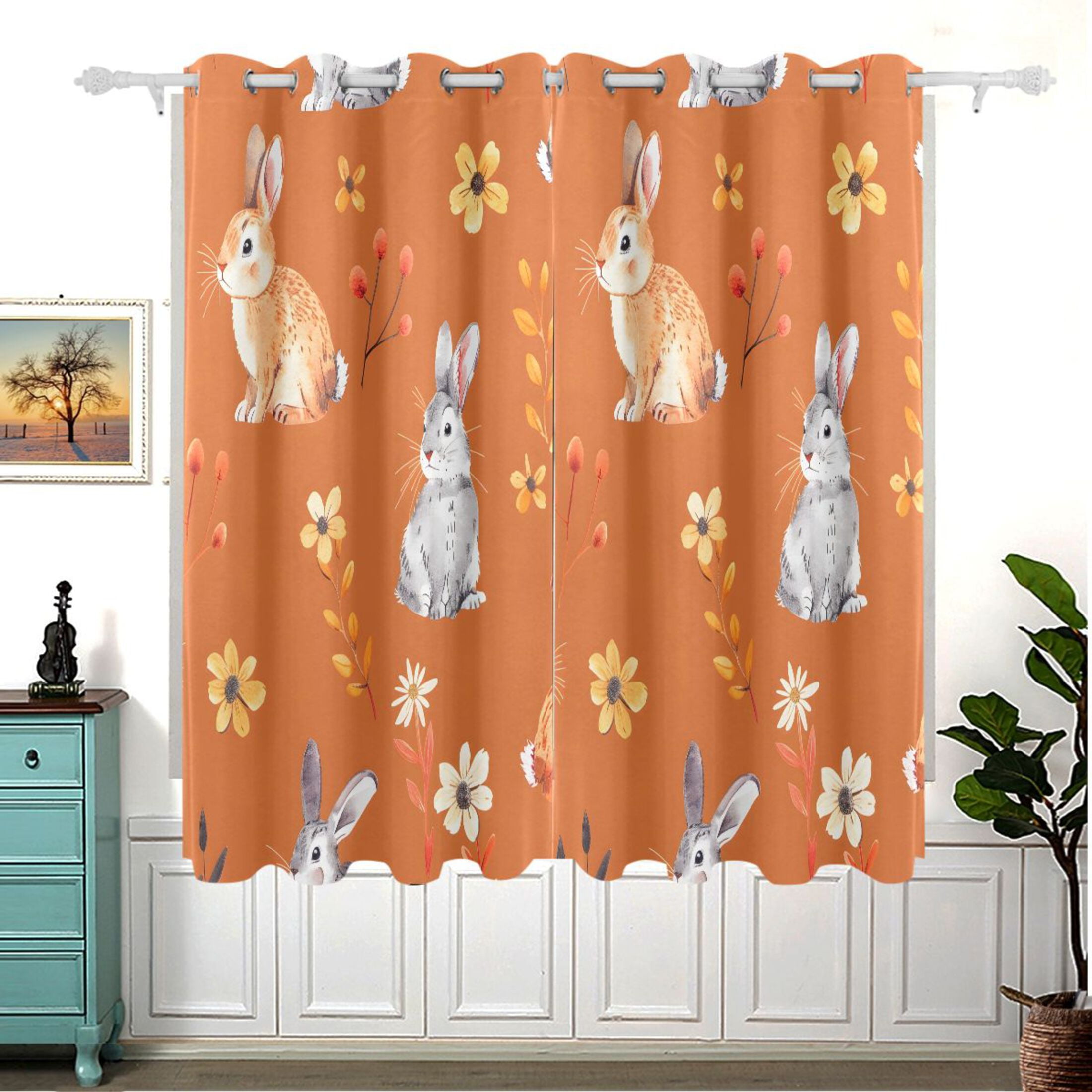 Cartoons Bunny Rabbit and Flower Blackout Curtains for Bedroom 63x55 in ...