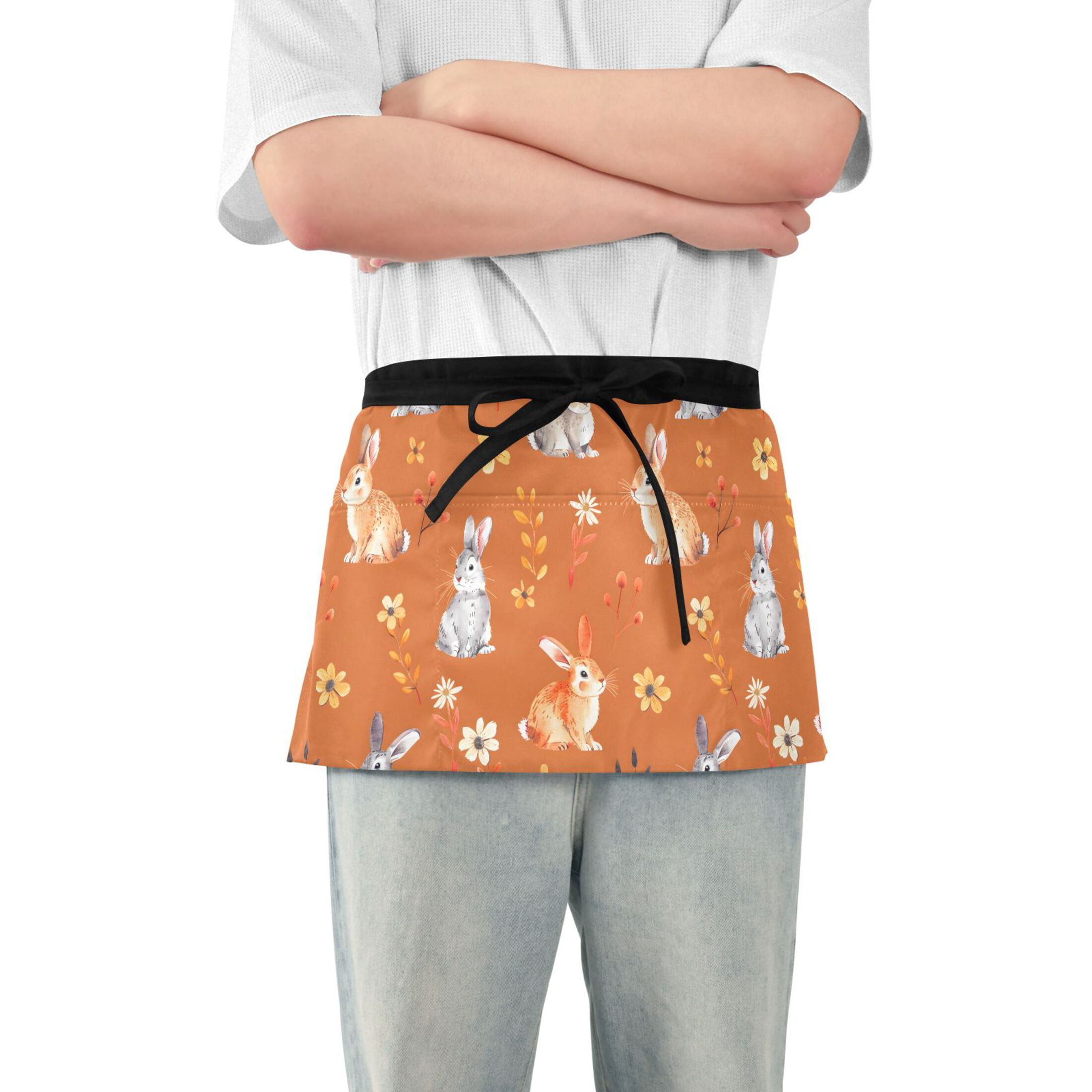 Cartoons Bunny Rabbit and Flower Server Apron with 3 Pockets Waterproof ...