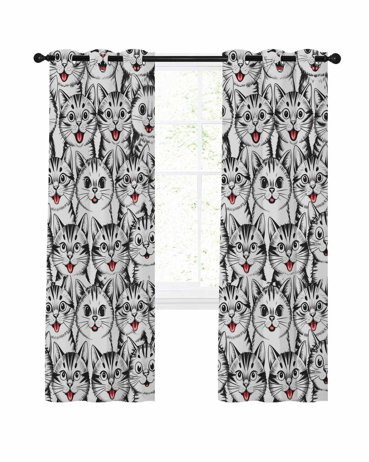 Cartoons Cat Blackout Curtains 63 Inch Length Abstract Cute Cat Lines ...
