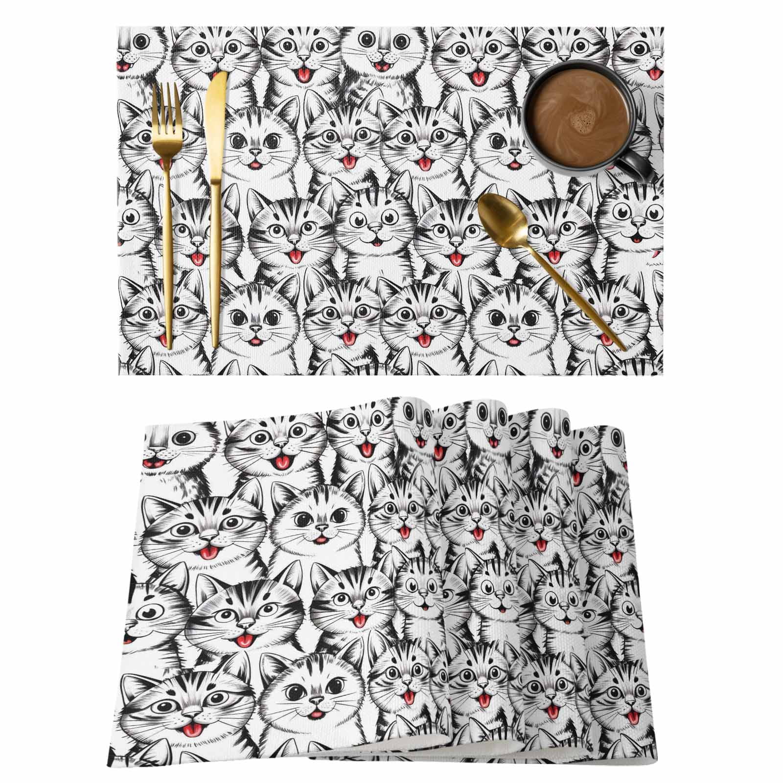 Cartoons Cat Cotton Linen Placemats Set of 4, Abstract Cute Cat Lines ...